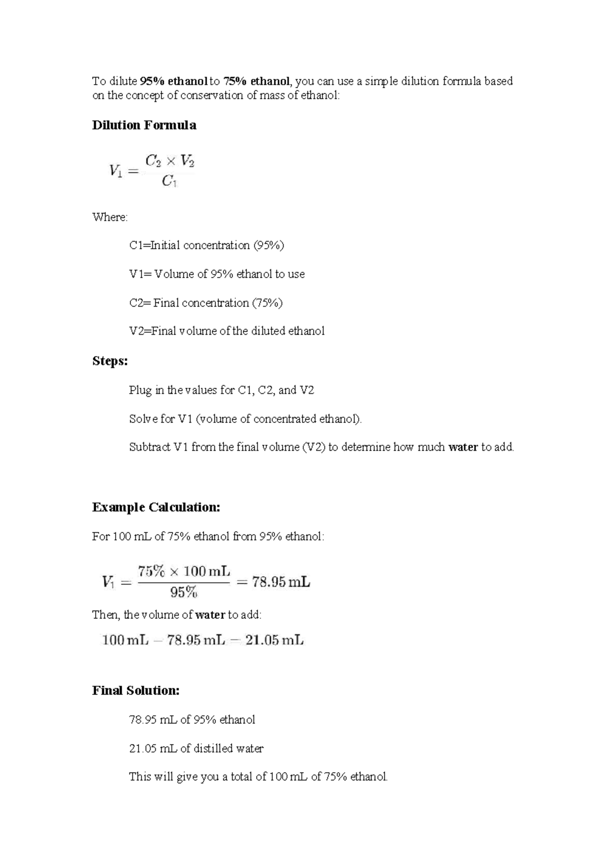 Dilution Calculation: 95% to 75% Ethanol (Chem 101) - Studocu