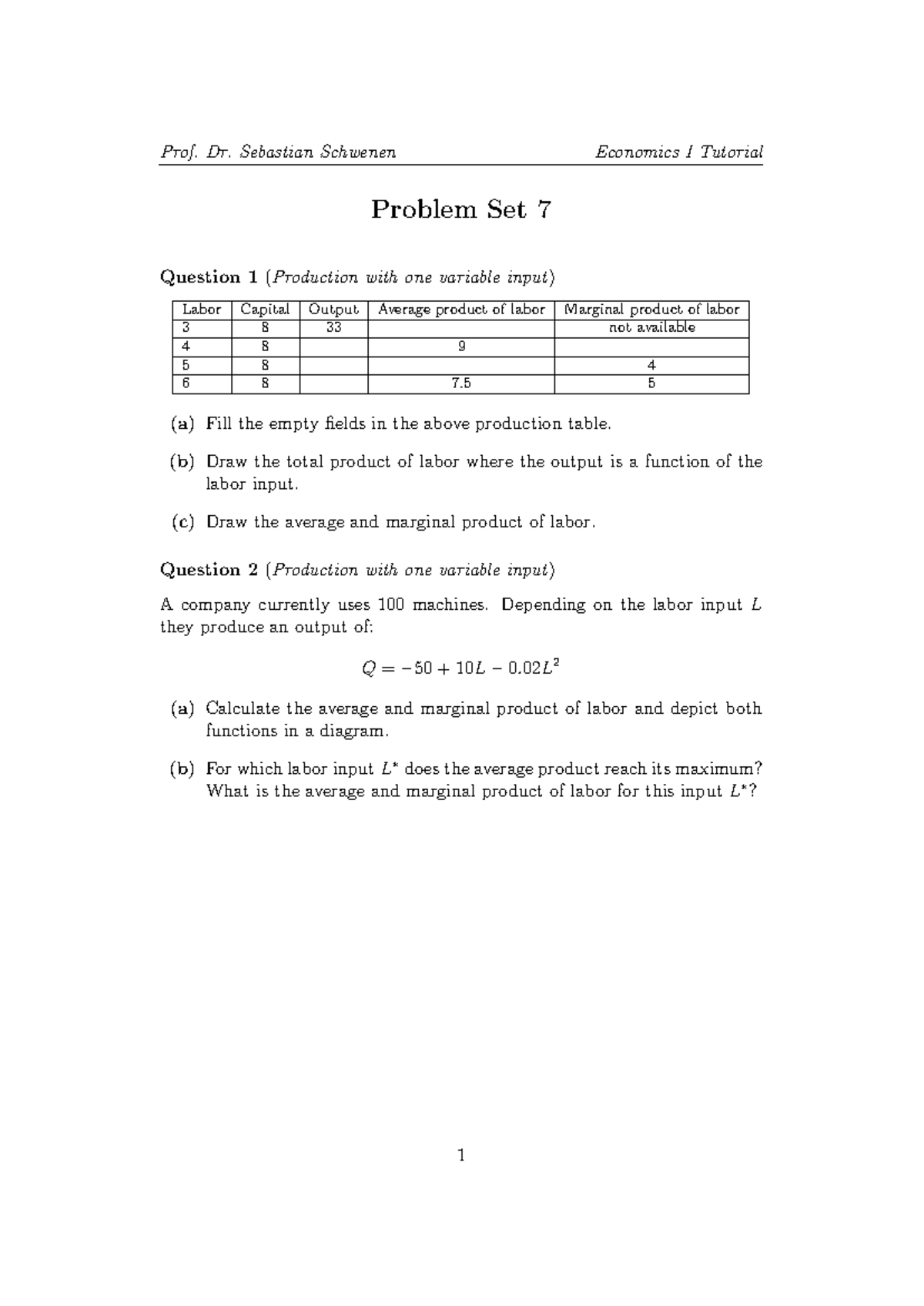 Problem Set 7 - Exercise - Prof. Dr. Sebastian Schwenen Economics I Tutorial Problem Set 7 ...