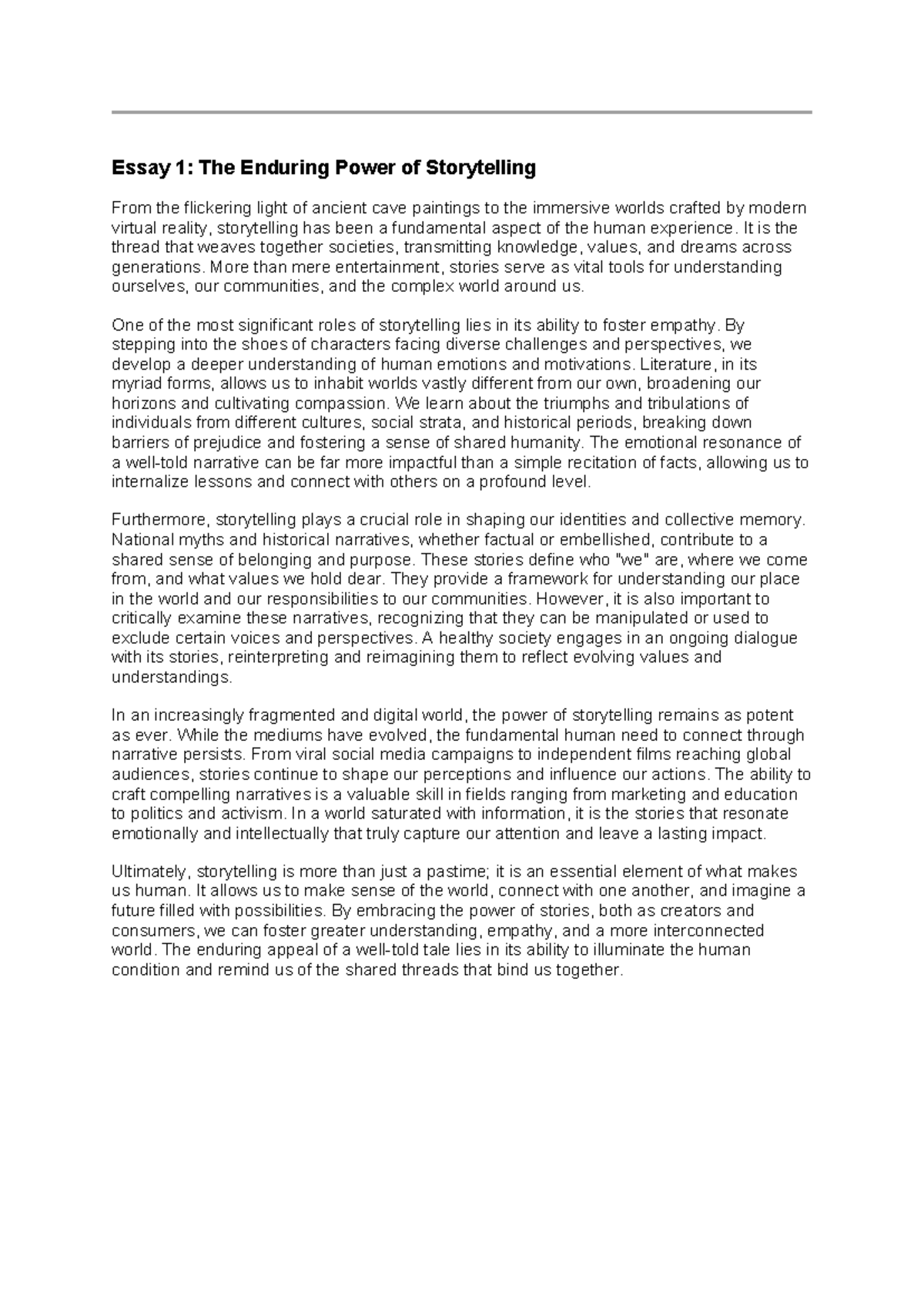 Essay 1 The Enduring Power of Storytelling - Essay 1: The Enduring ...