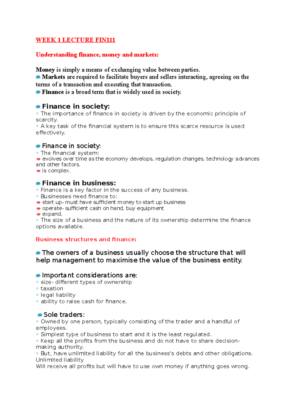 WEEK 1 Lecture FIN111 - WEEK 1 LECTURE FIN Understanding finance, money ...