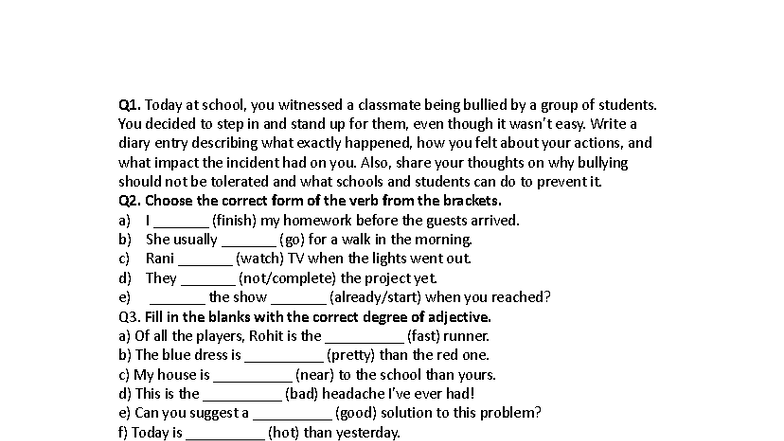 Revision -2 VIII: Bullying, Verbs, Adjectives & Literary Analysis - Studocu