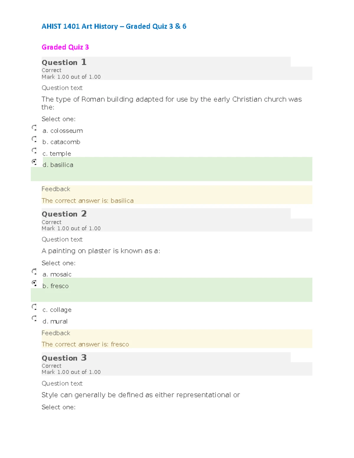 AHIST 1401 - All Graded Quiz - Graded Quiz 3 Question 1 Correct Mark 1 ...