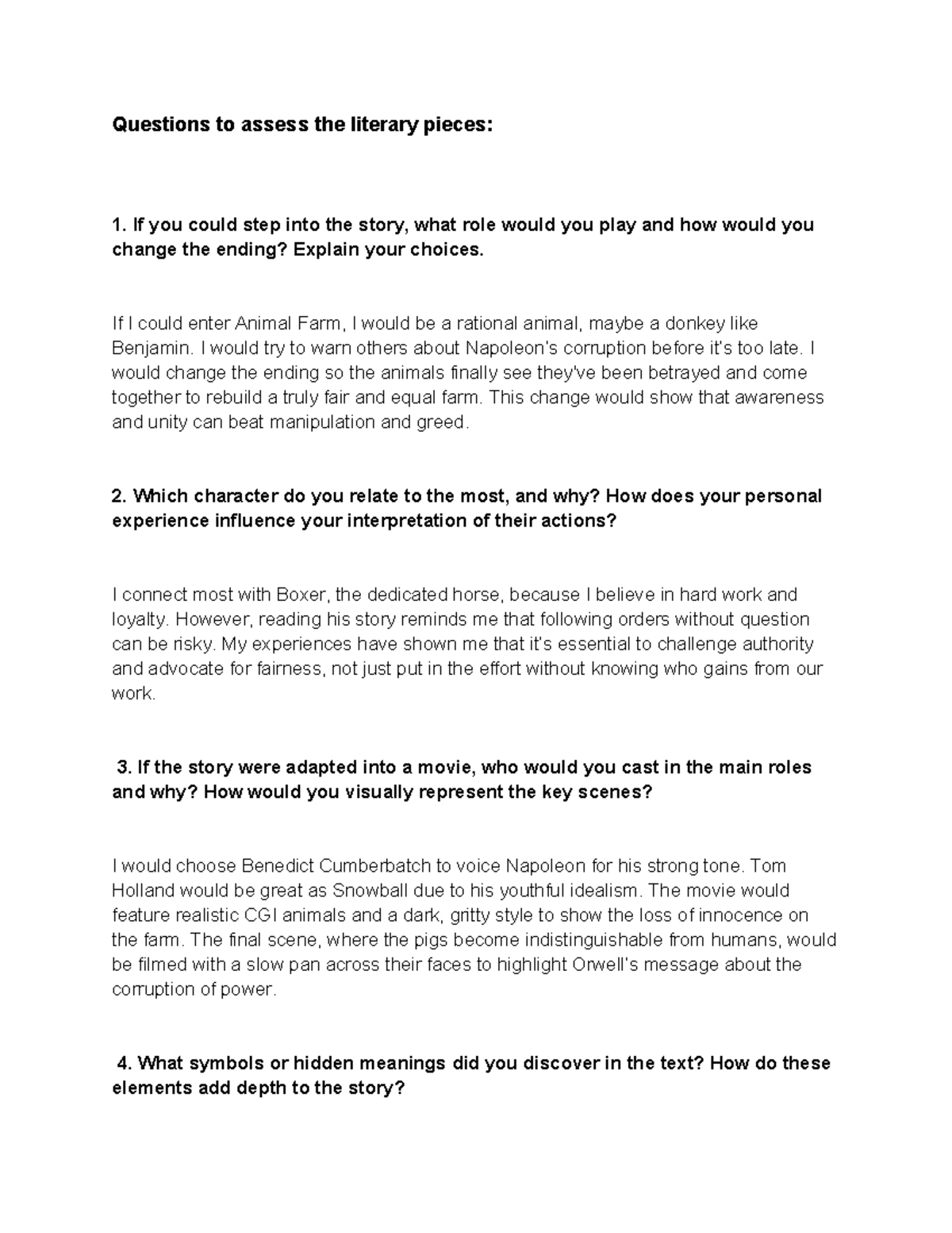 ENG 101: Literary Analysis of Animal Farm - Questions & Insights - Studocu