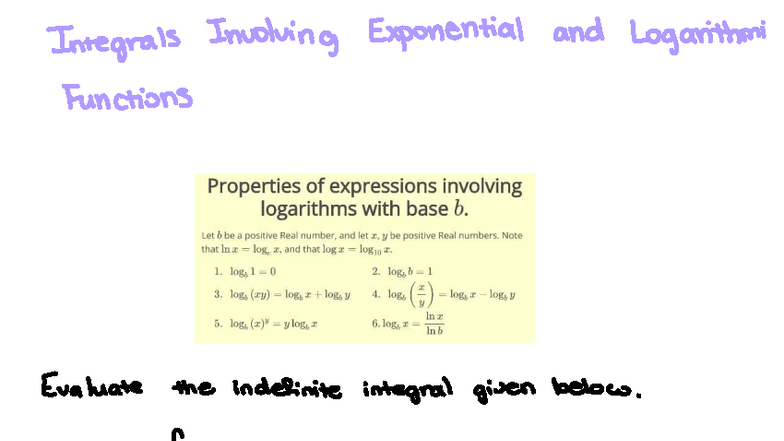 MATH 10542: Summary of Logarithmic Integrals & Exponential Functions - Studocu