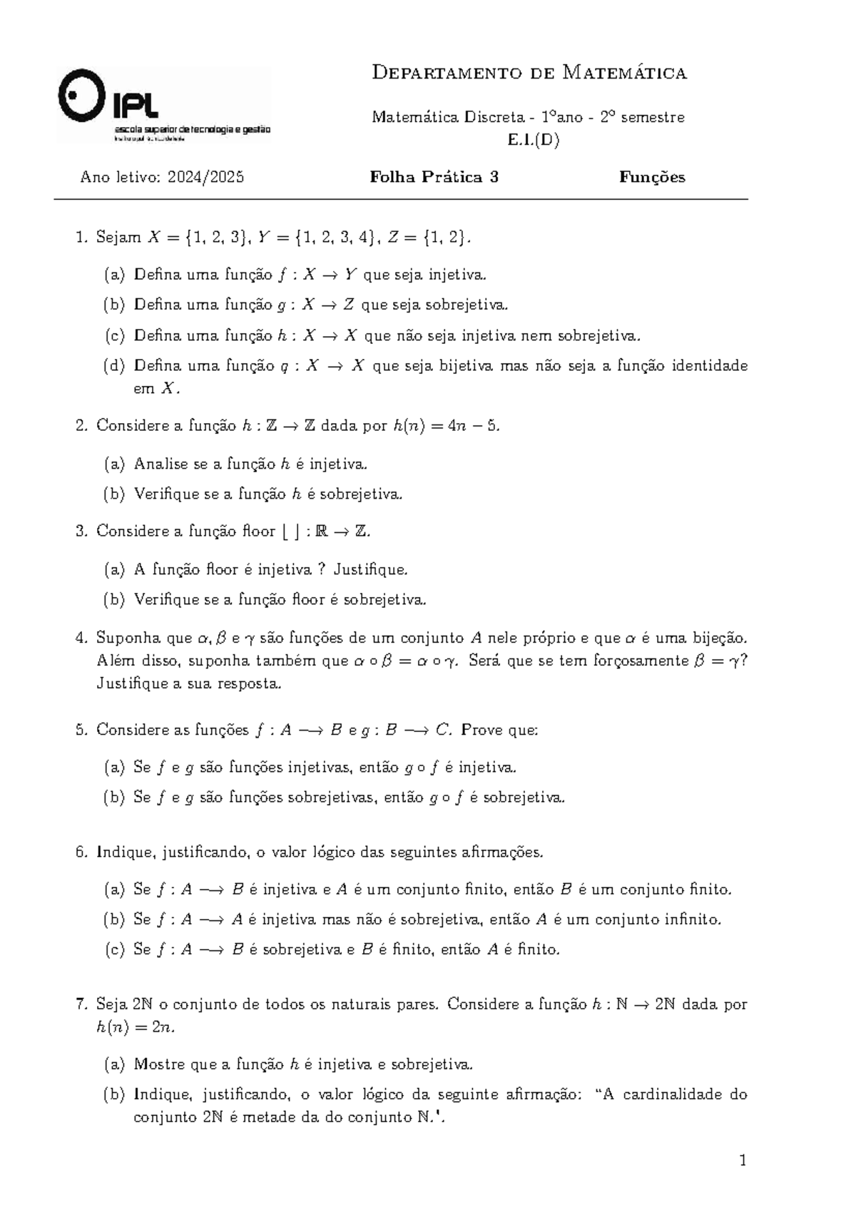 Folha Prática 3: Funções em Matemática Discreta 1º Ano E.I. - Studocu