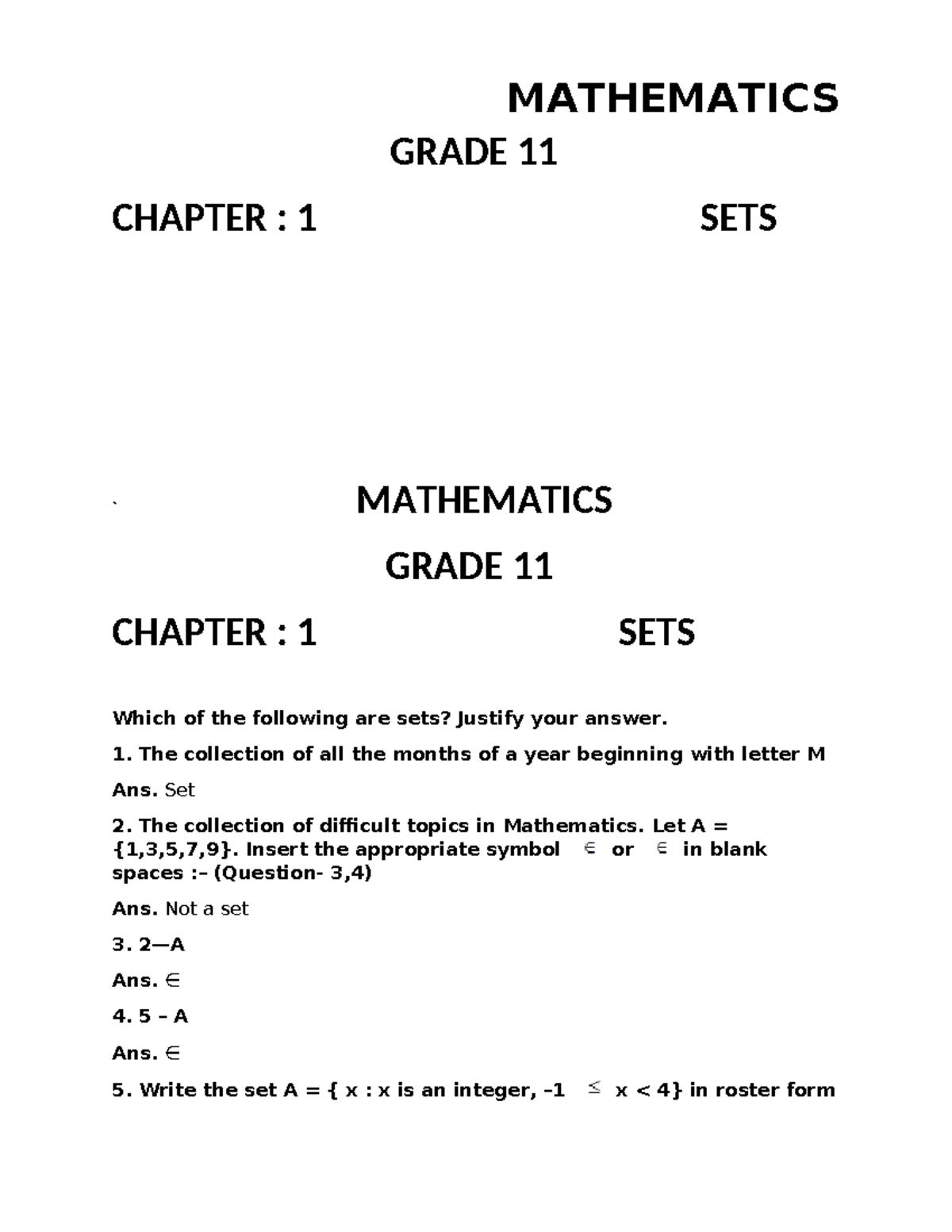 MATHEMATICS GRADE 11 CHAPTER 1: SETS - Detailed Solutions and ...