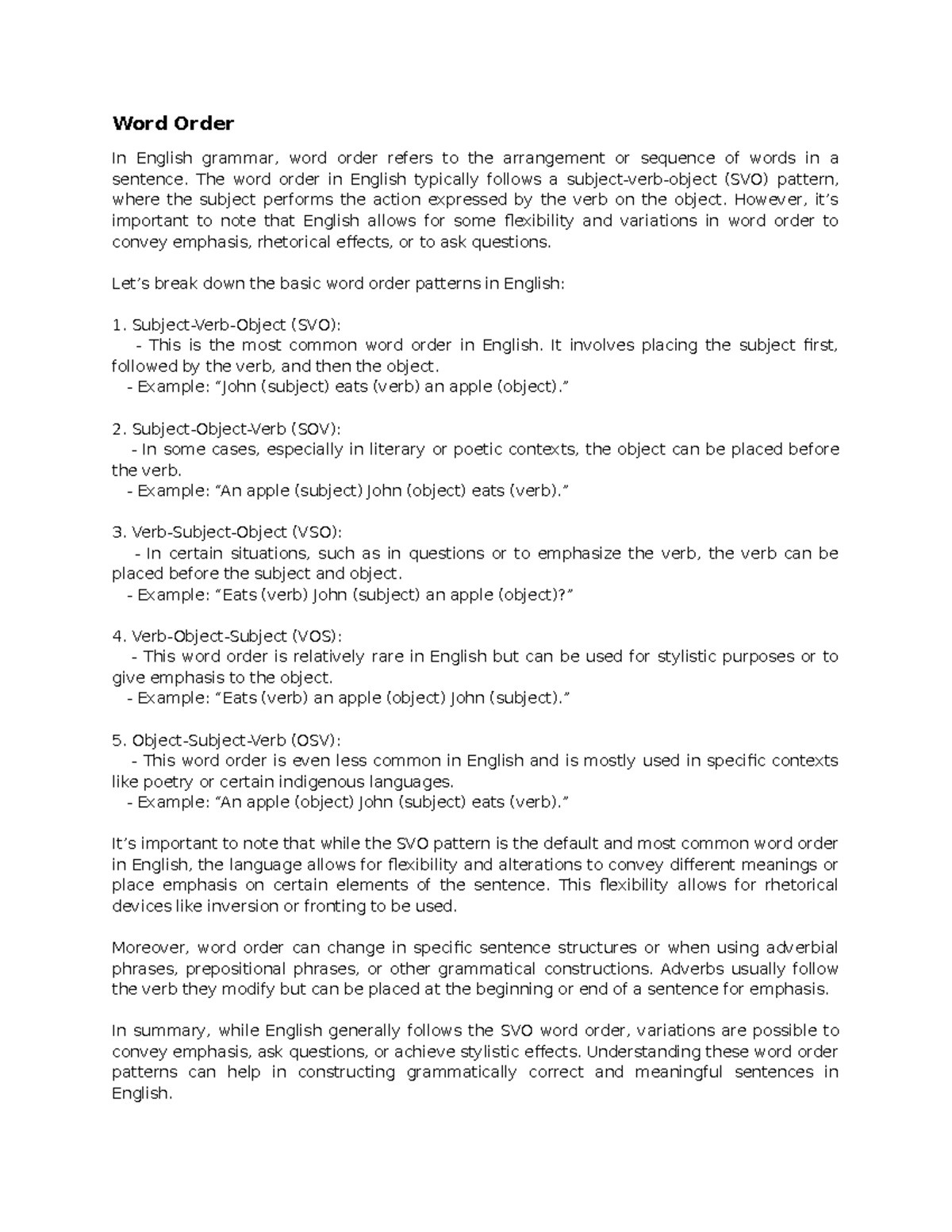 Word Order - Word Order In English grammar, word order refers to the ...