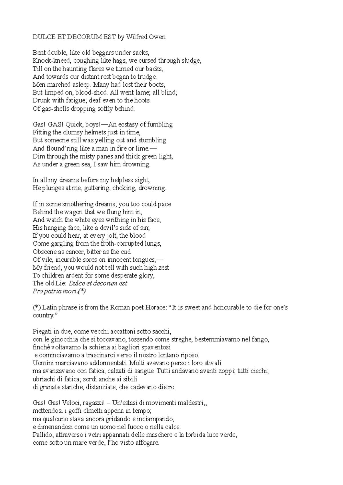 DULCE ET DECORUM EST: Analysis of Wilfred Owen's Poem - Studocu