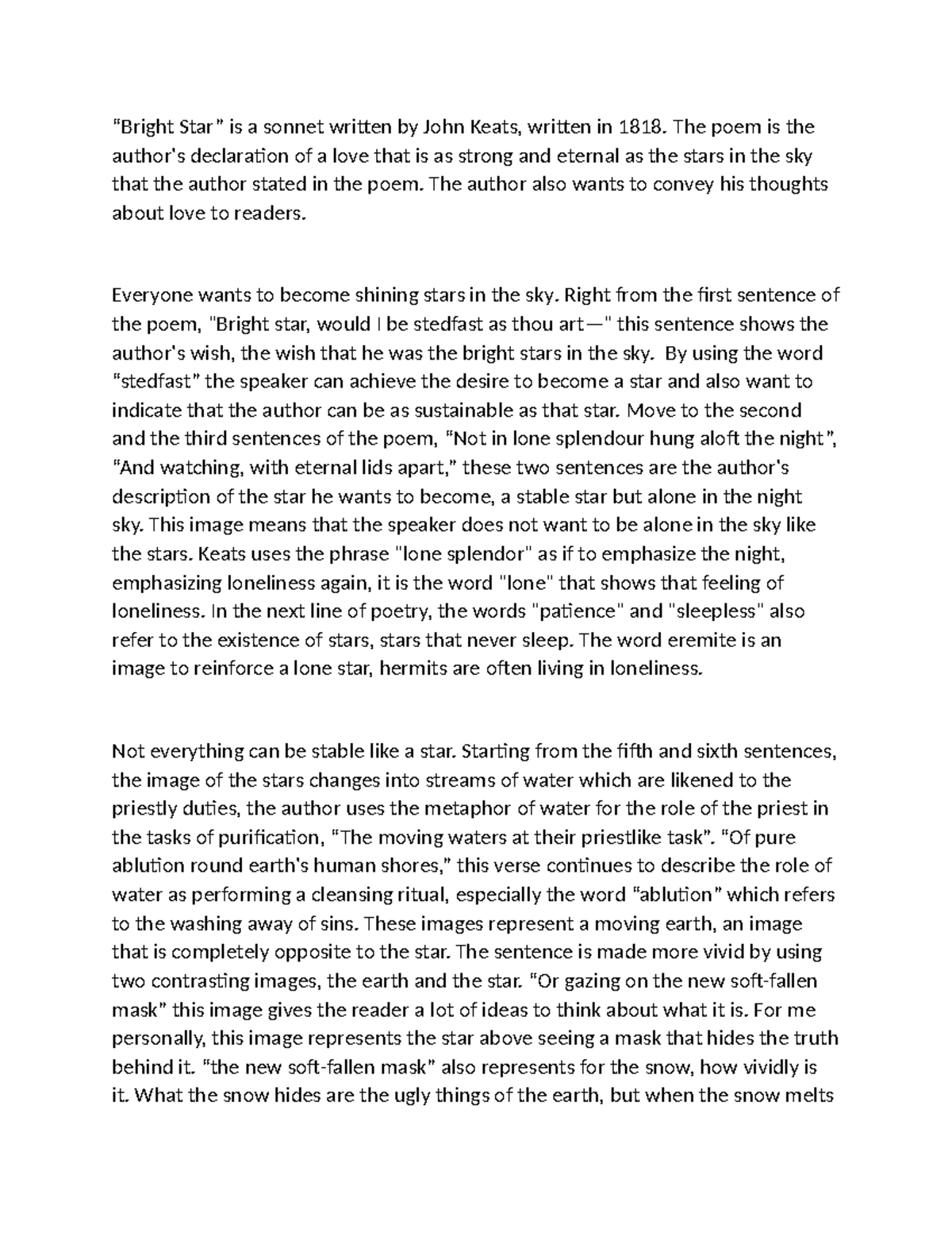 Analysis of 'Bright Star' by John Keats - A Literary Exploration - Studocu