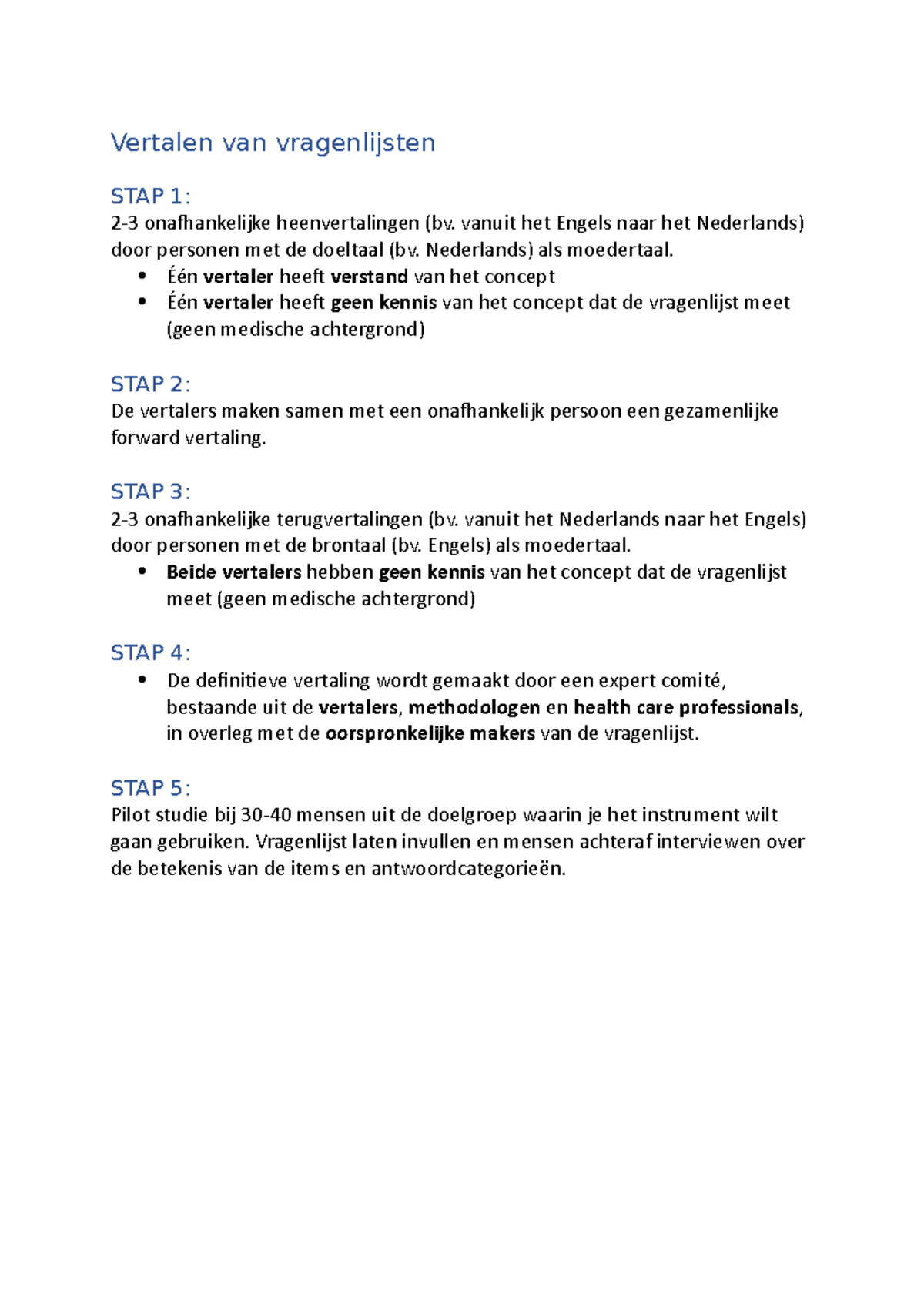 Vertalen van Vragenlijsten: Stappen en Methoden voor STAP 1-5 - Studocu