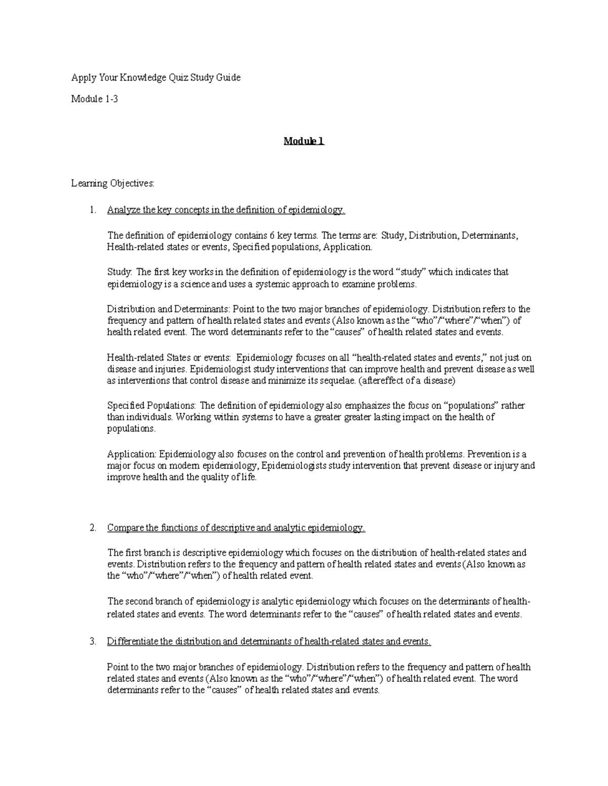 QUIZ Study Sheet - Apply Your Knowledge Quiz Study Guide Module 1- Module 1 Learning Objectives ...