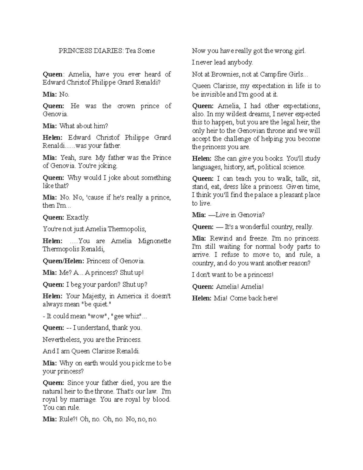 Princess Diaries Script - PRINCESS DIARIES: Tea Scene Queen: Amelia ...