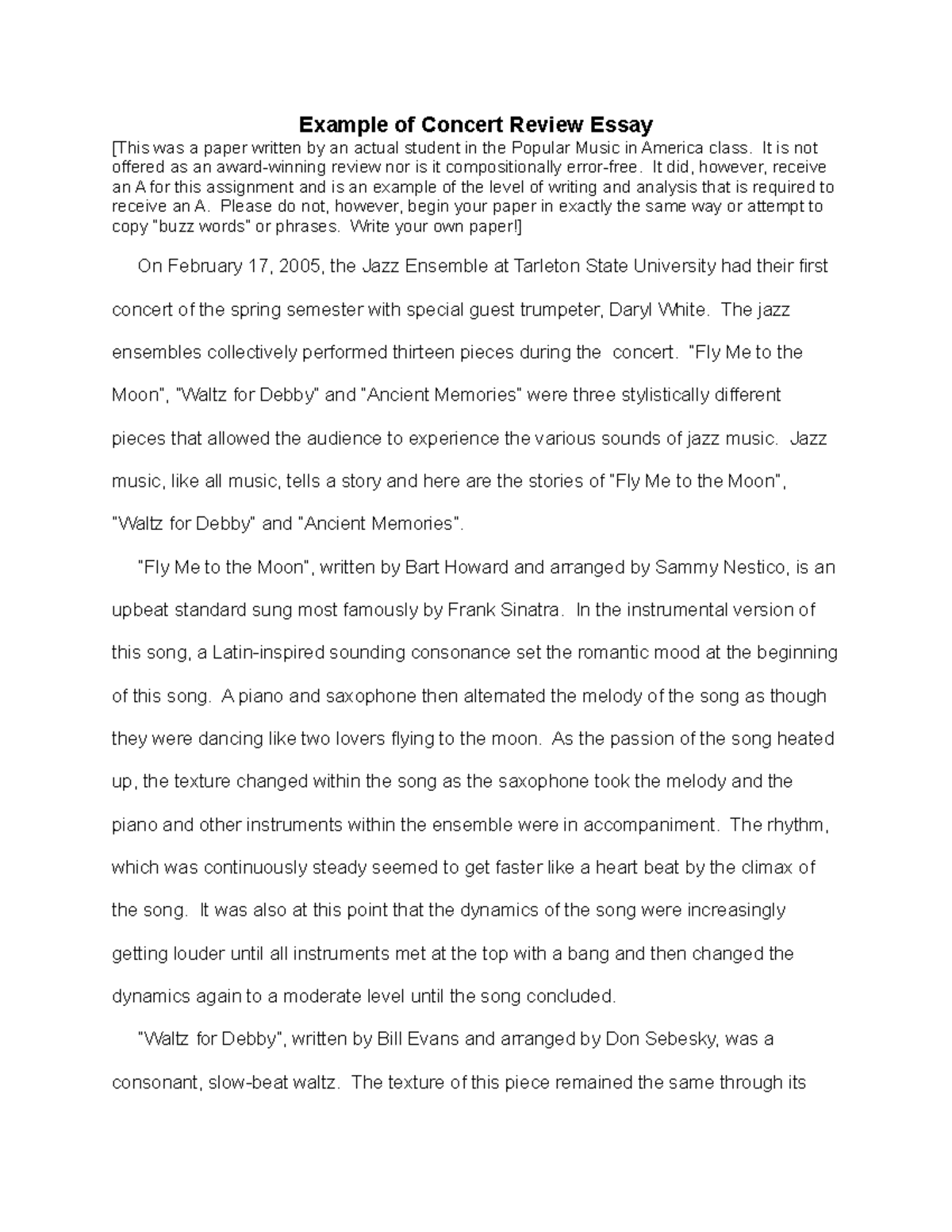 Example of Concert Review Essay - It is not offered as an award-winning ...