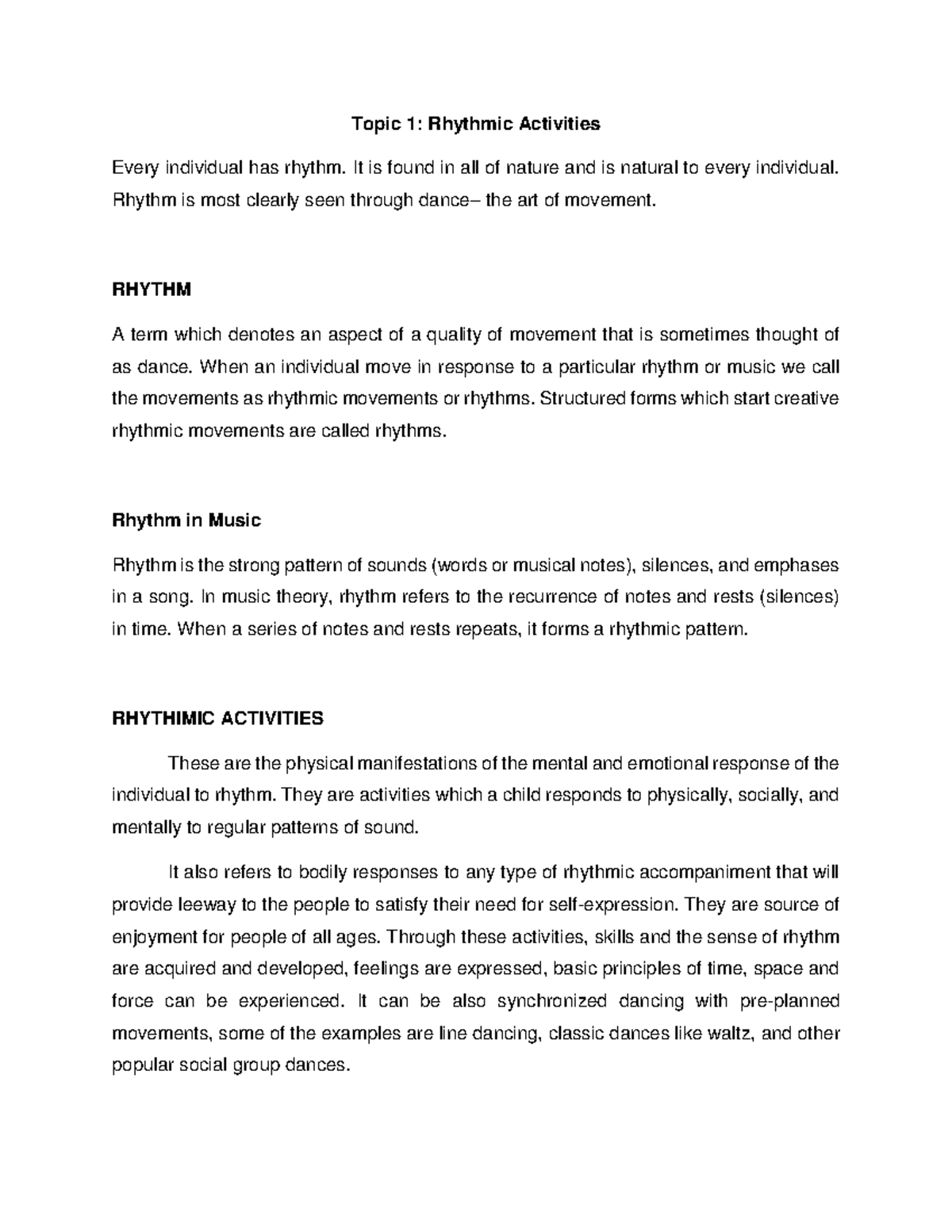 Physical Education 2 - Topic 1 - Topic 1: Rhythmic Activities Every ...