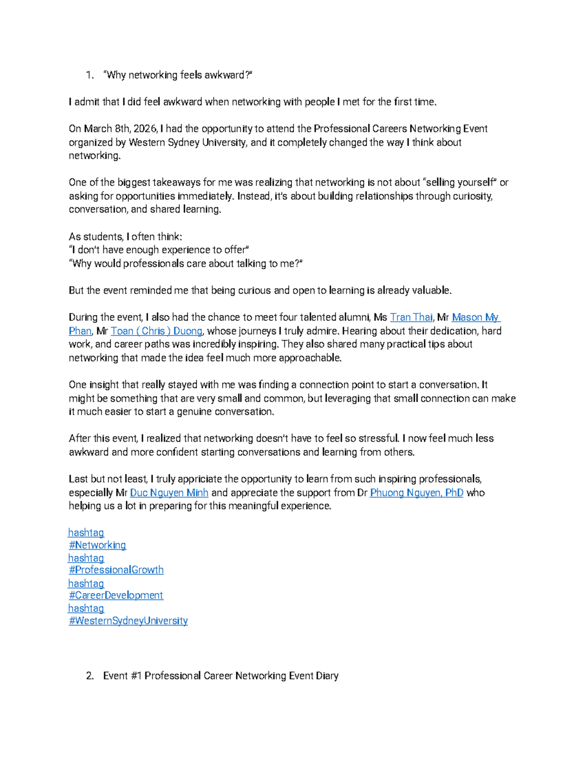 Professional Careers Networking Event Reflection - WSU - Studocu