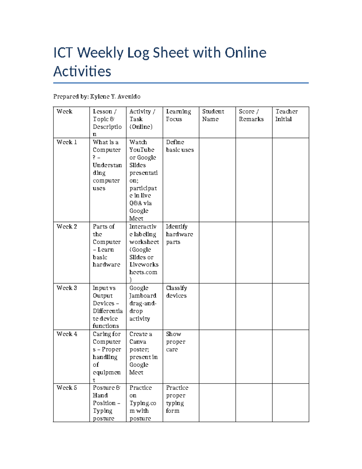 ICT Weekly Log Sheet: Online Activities Overview - Studocu