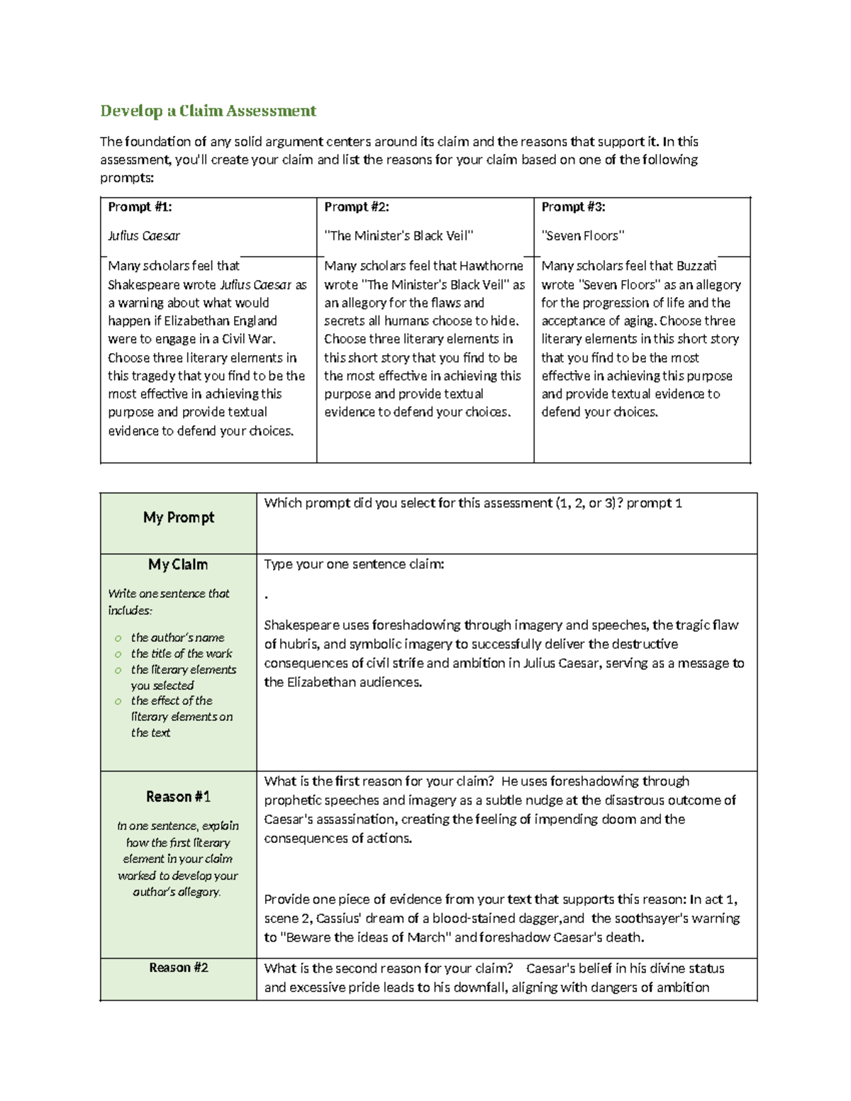 Claim Assessment for Julius Caesar - 3.01 Assessment - Studocu