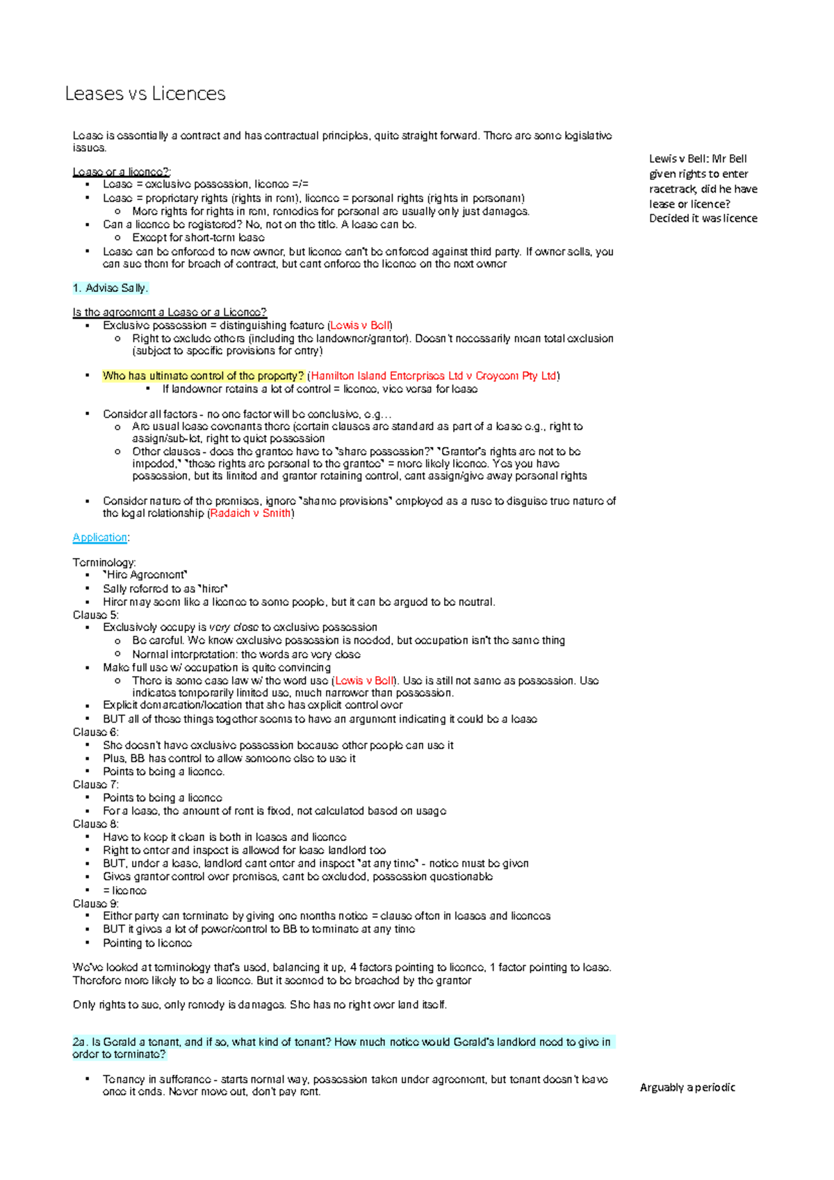 Leases vs Licences: Tutorial Answers for Property Law (LAW101) - Studocu
