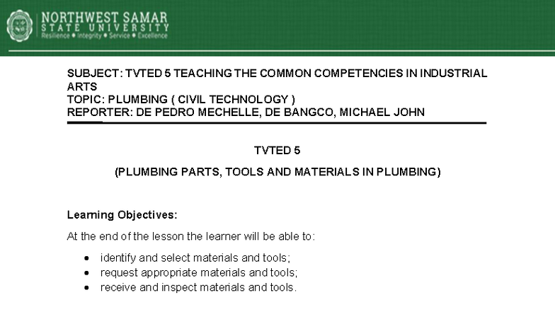 TVTED 5: Unit 6 Plumbing - Lecture Notes on Tools & Materials - Studocu