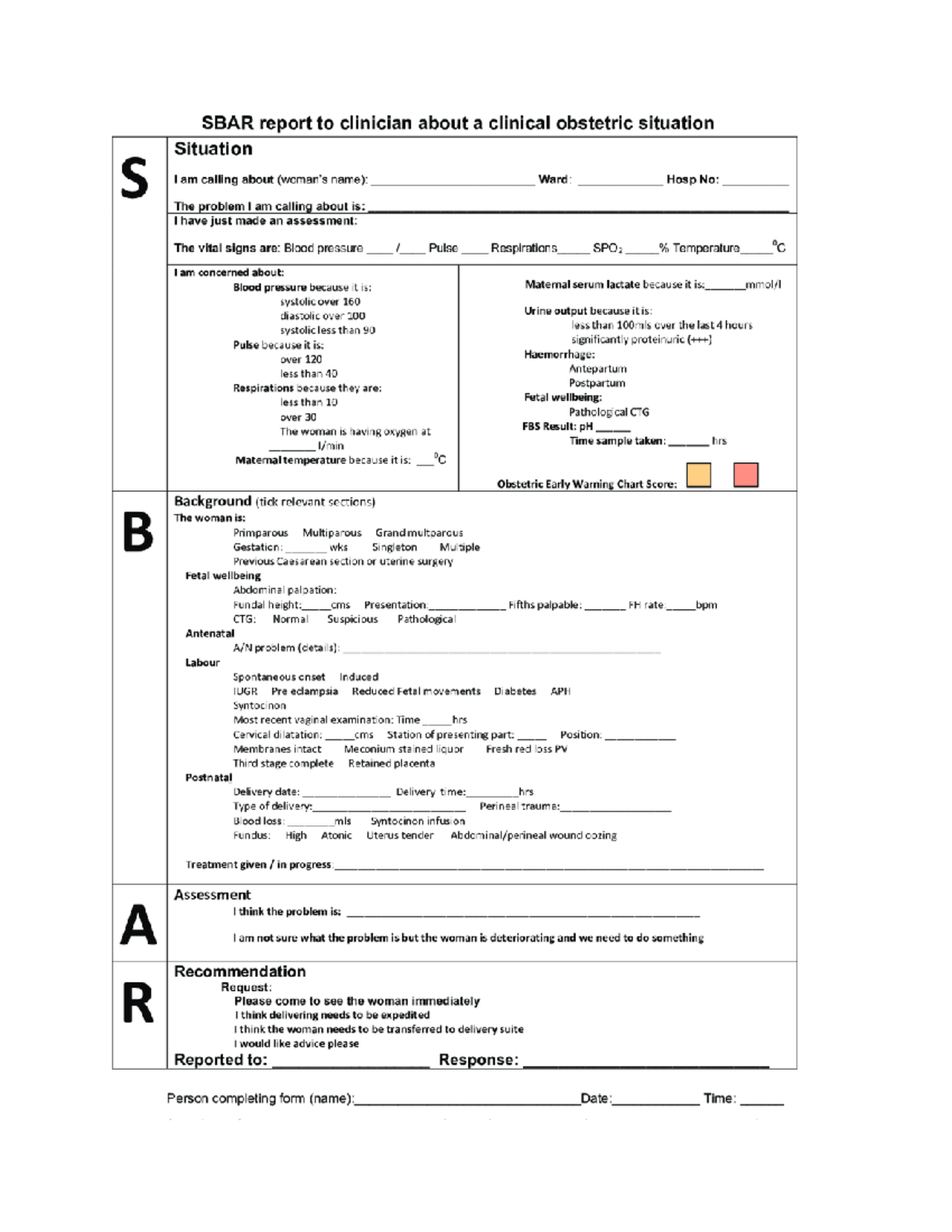 OB SBAR Report - Clinical Situation Assessment for Obstetrics - Studocu