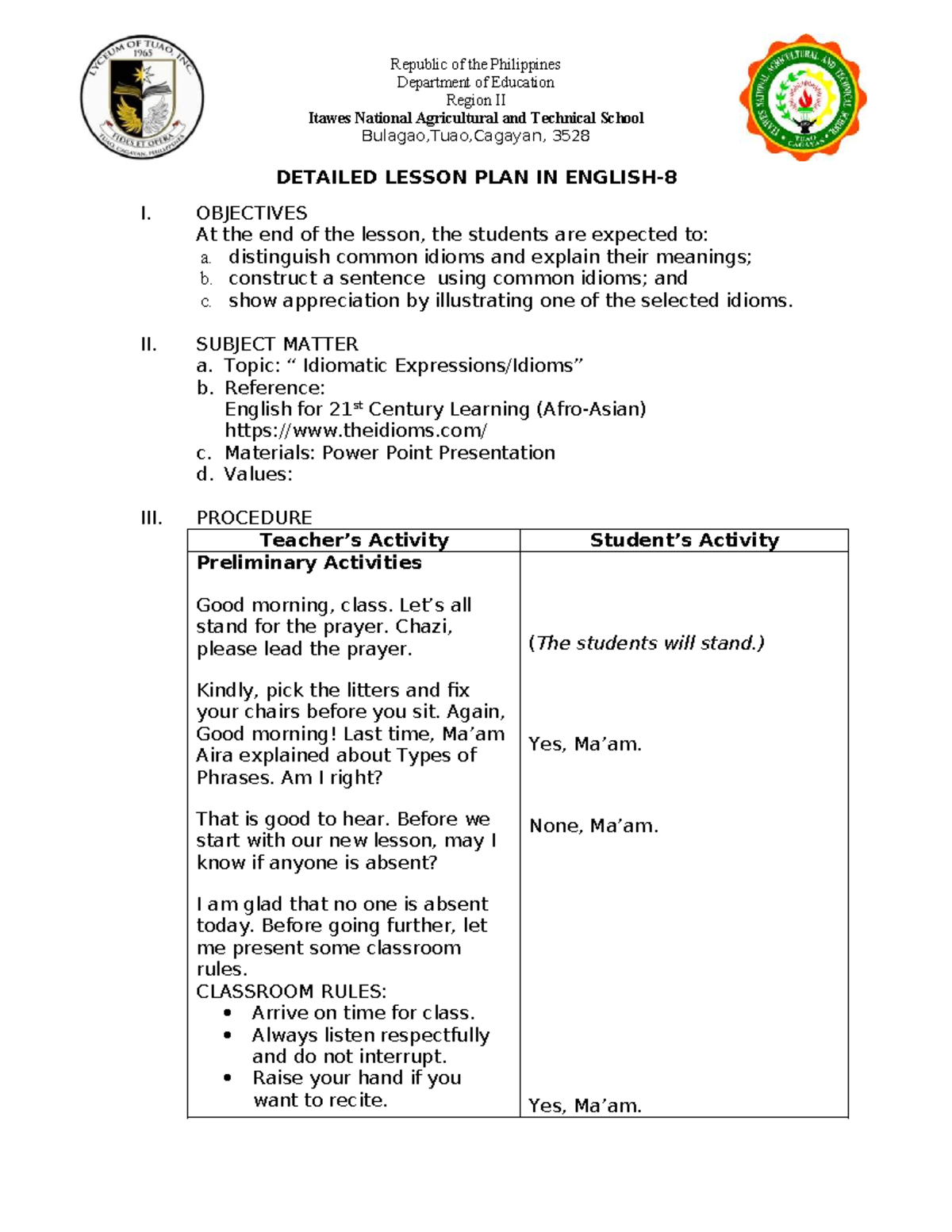 Detailed Lesson Plan on Idioms - ENGL 101 - Studocu