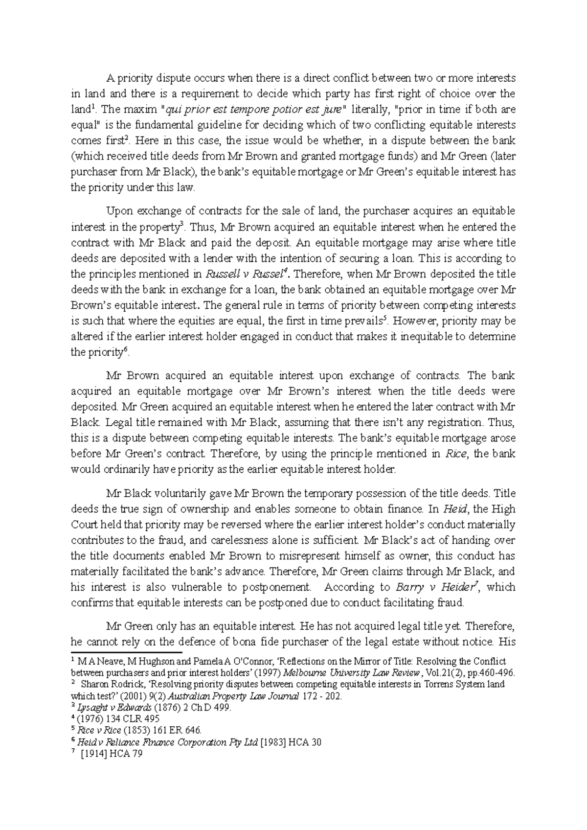 Q3 - Summary of Priority Disputes in Equitable Interests - Studocu