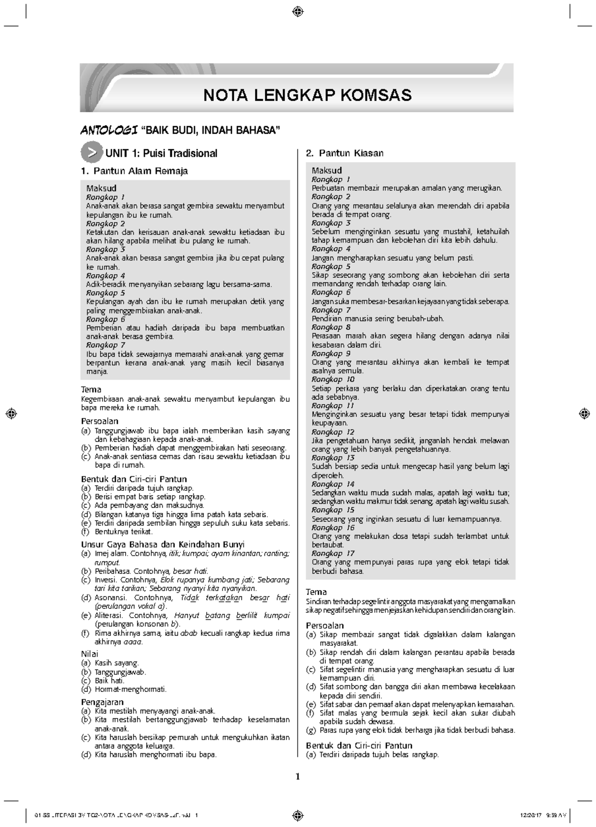 NOTA LENGKAP KOMSAS TINGKATAN 2: Puisi Tradisional dan Tema - Studocu