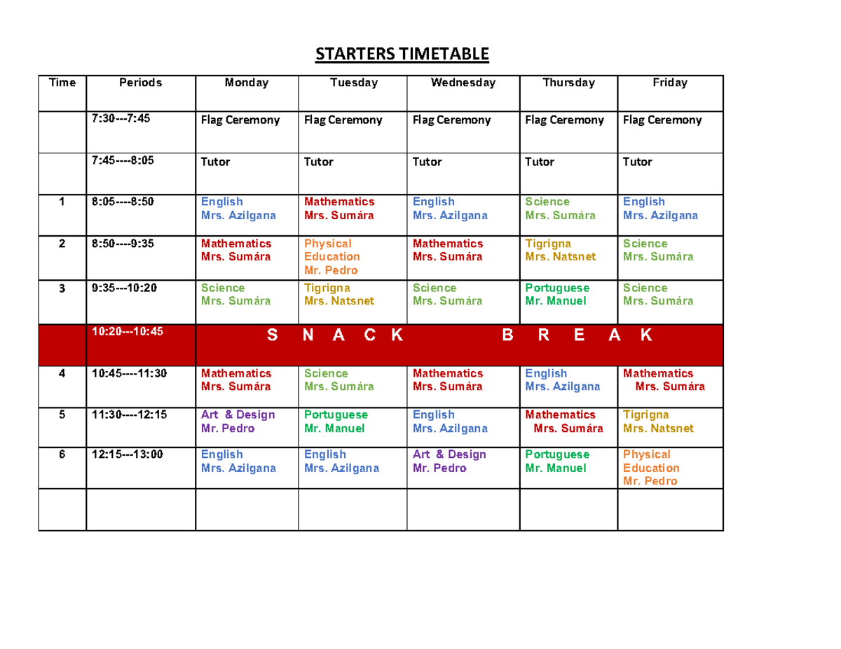 Timetable 2023-2024 Term 1 for Grades 1-4 - Studocu