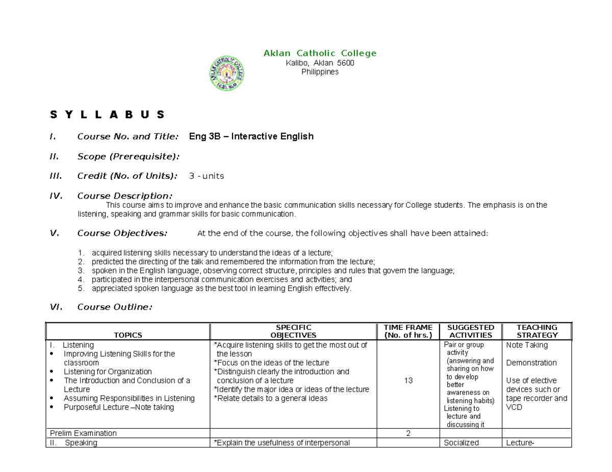Eng 3B Syllabus: Enhancing Communication Skills in English - Studocu