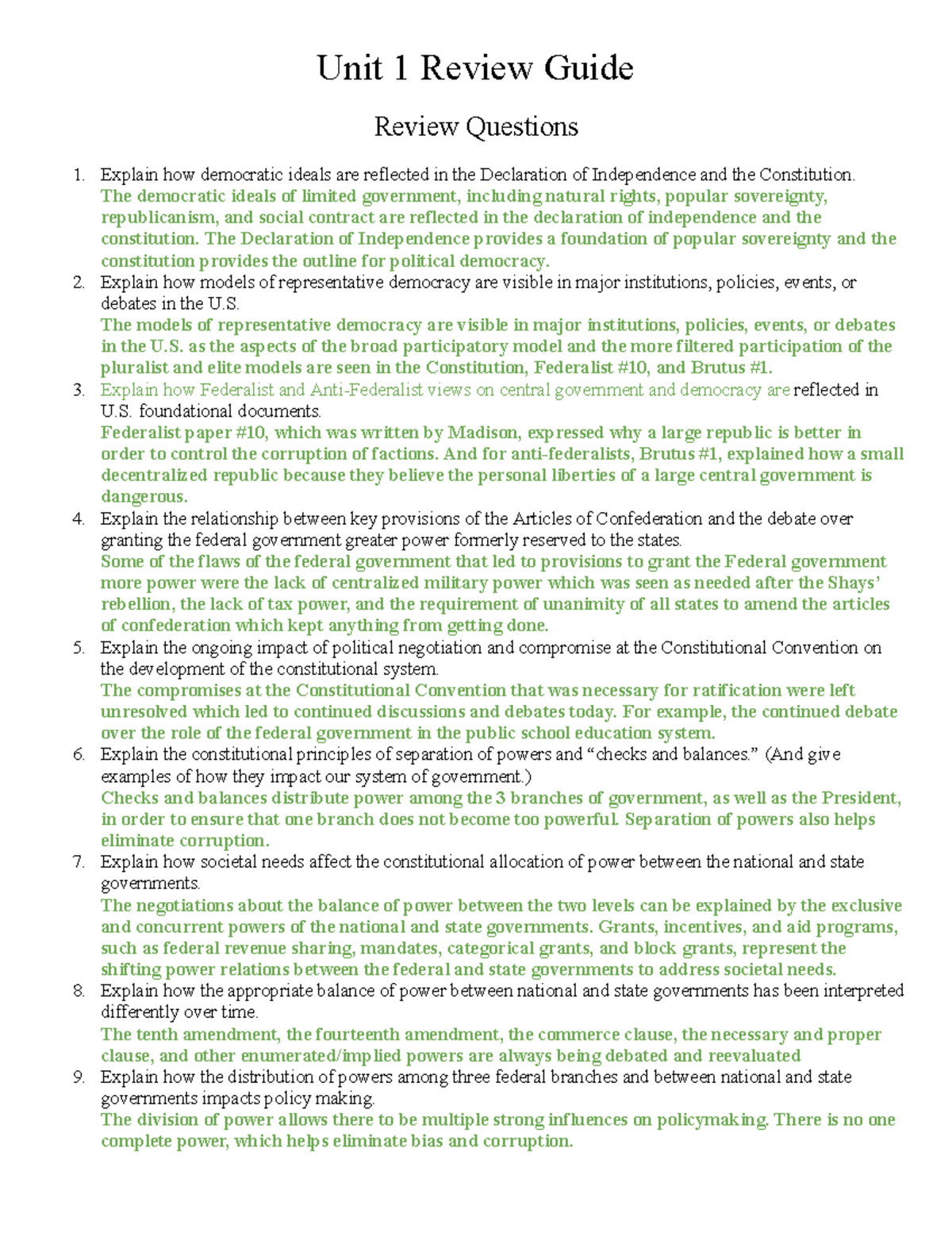 AP GOV 101: Unit 1 Foundations Review Guide and Key Concepts - Studocu