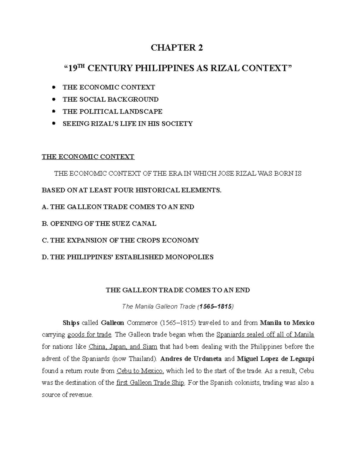 LIFE AND WORKS OF RIZAL - Chapter 2: 19th Century Philippines Context - Studocu