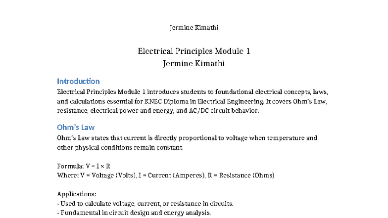 Electrical Principles Module 1 Jermine Kimathi - Jermine Kimathi ...