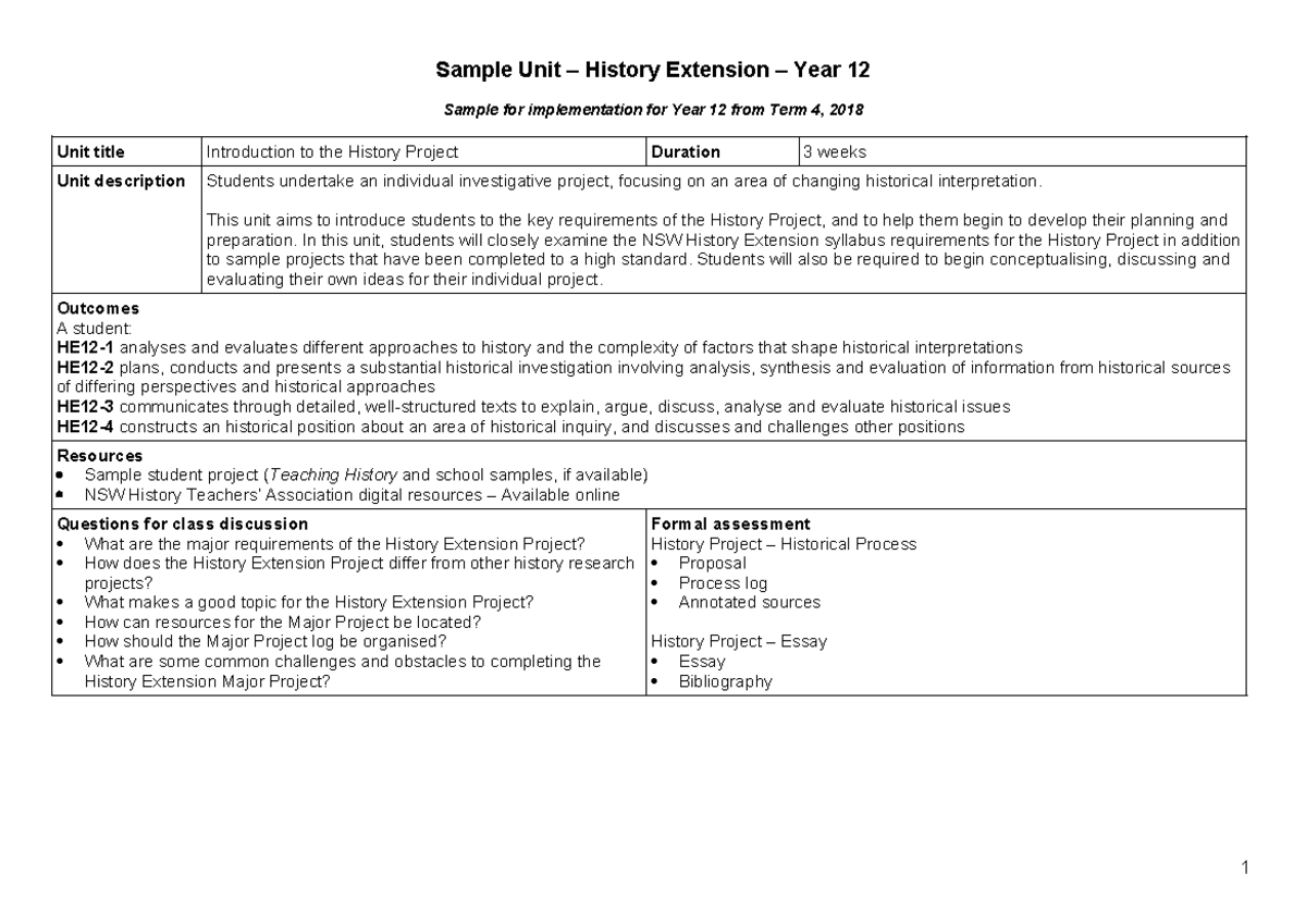 History Extension Stage 6: Intro to the History Project Unit - Studocu