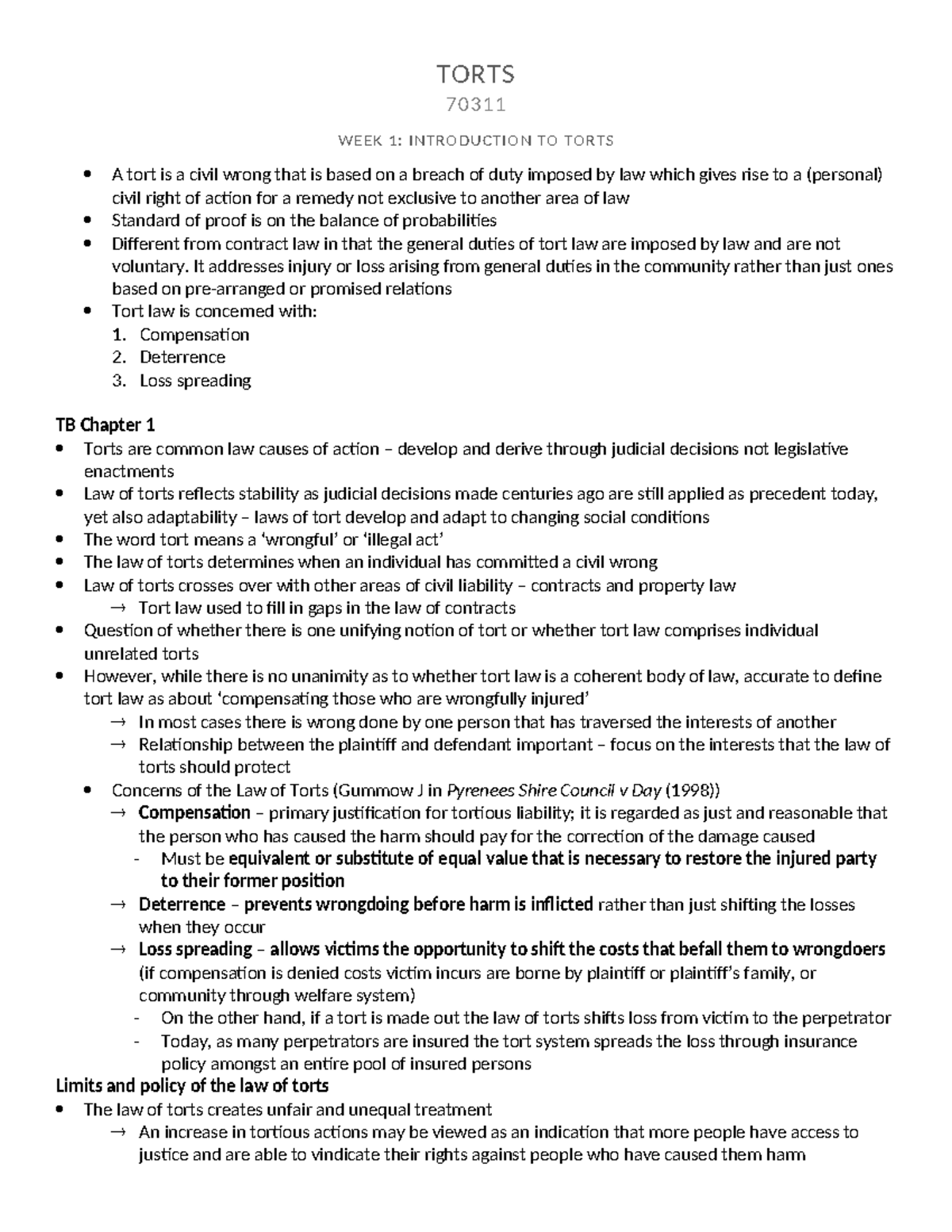 Notes for torts - TORTS 70311 WEEK 1: INTRODUCTION TO TORTS A tort is a ...