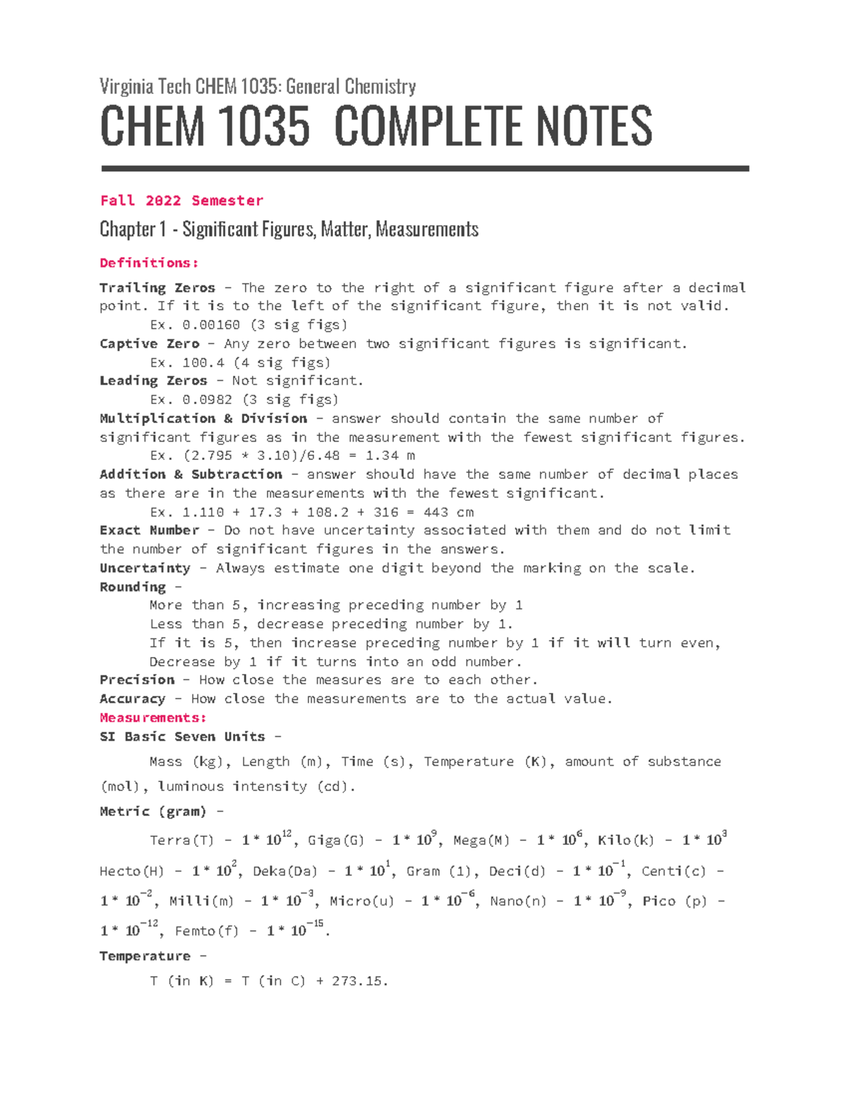 CHEM 1035 Complete Study Notes - Fall 2022 Semester - Studocu