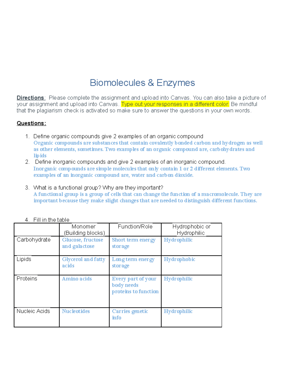 BIO 101 HW 1 - Biomolecules & Enzymes Assignment Responses - Studocu