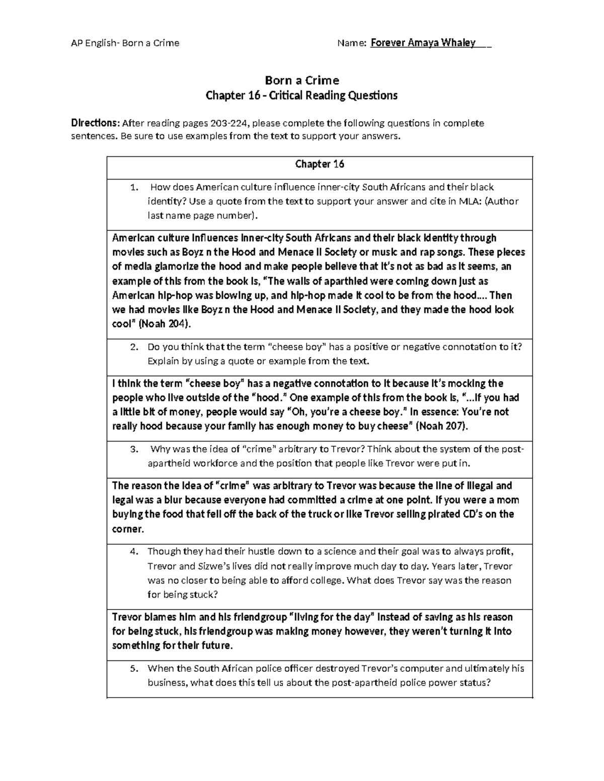 AP Born a Crime: Chapter 16 Critical Reading Questions by Forever Amaya ...