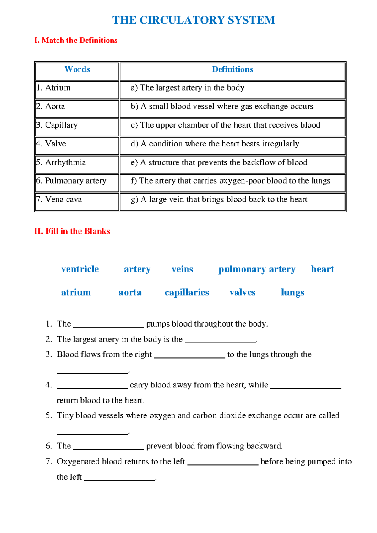 Circulatory system worksheet for biology 101: definitions and fill-in ...
