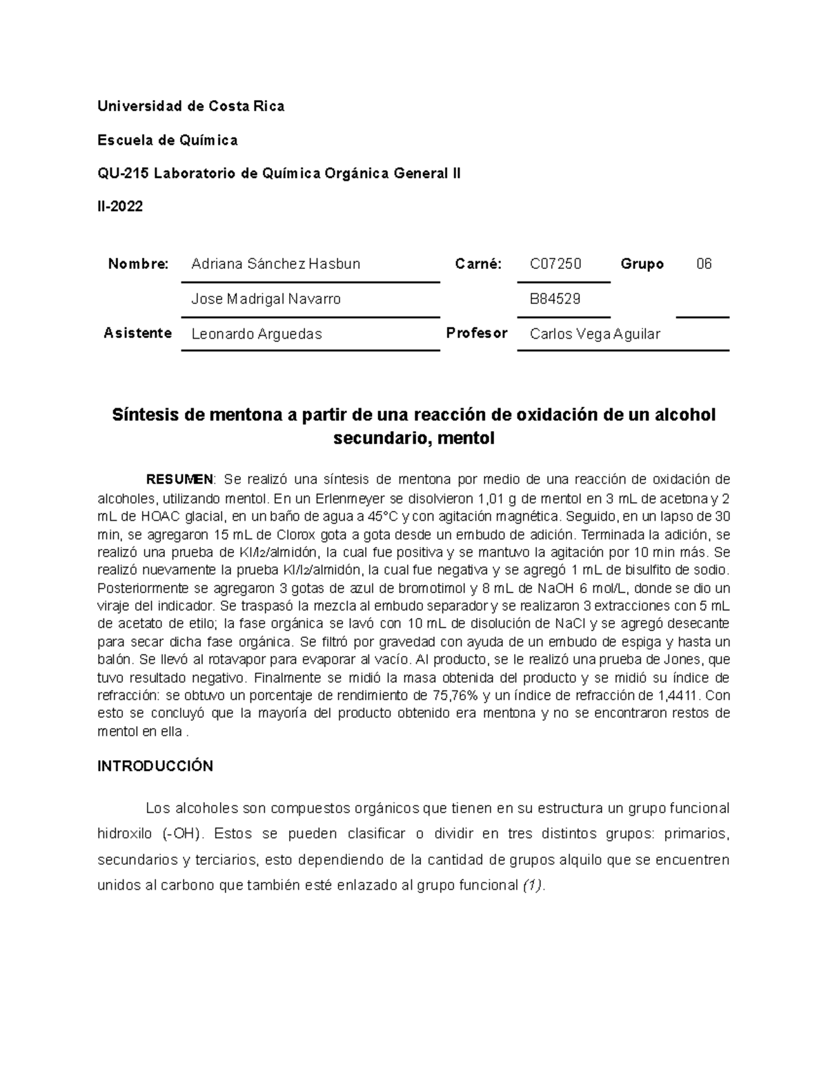 Reporte sintesis de mentona por oxidacion de mentol - Universidad de ...