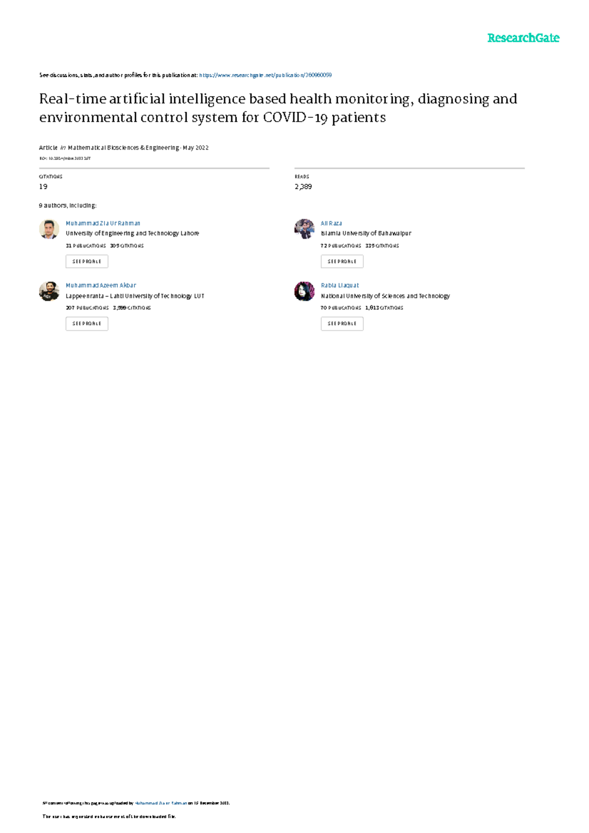 AI-Based Health Monitoring System: MBE 19(8) Research Article - Studocu