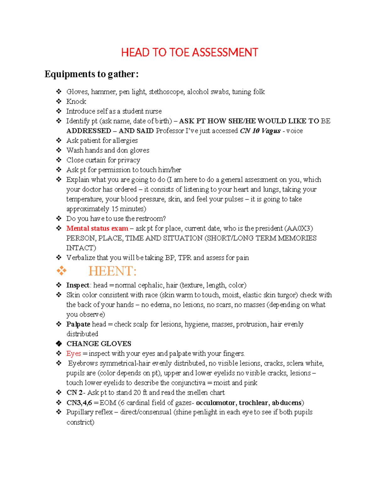 Head to Toe Assessment Practice Steps for Nursing Students (NUR 101 ...