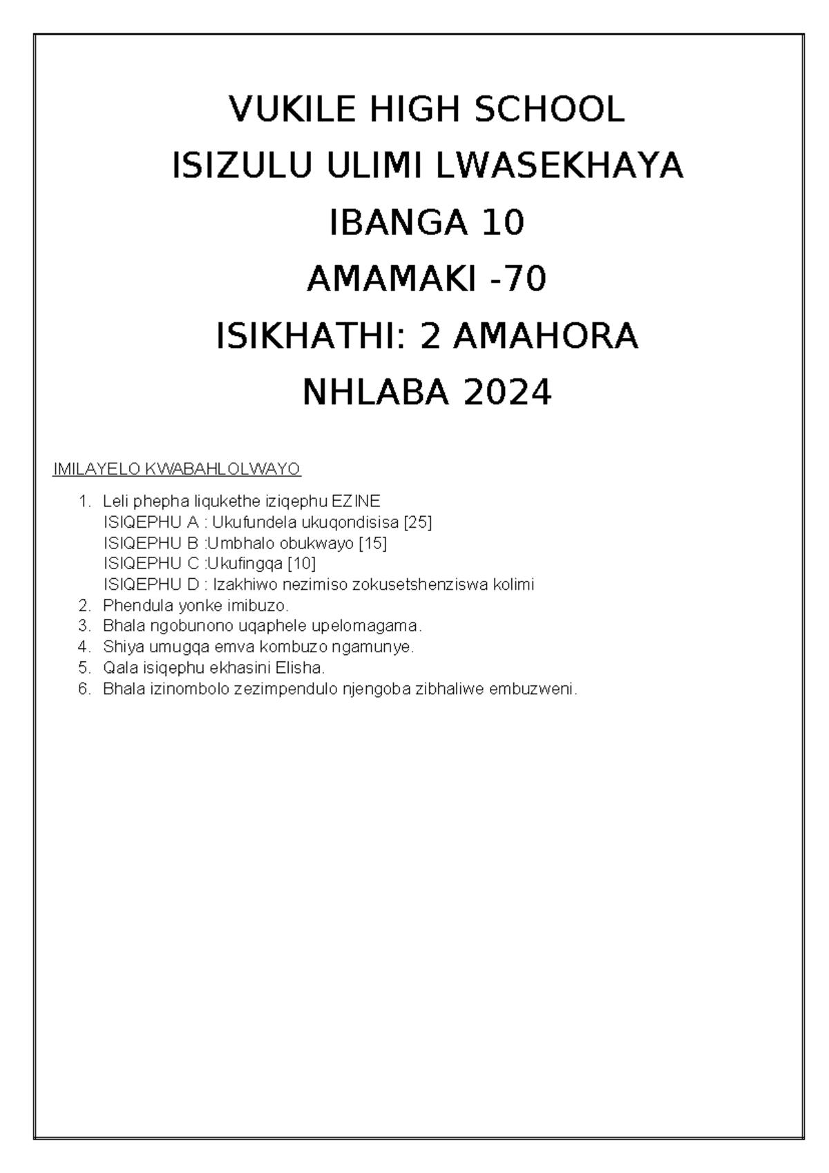 Khumalo SC 123212 - Isizulu Ulimi Lwasekhaya: Izifundo Eziyinhloko 2024 ...