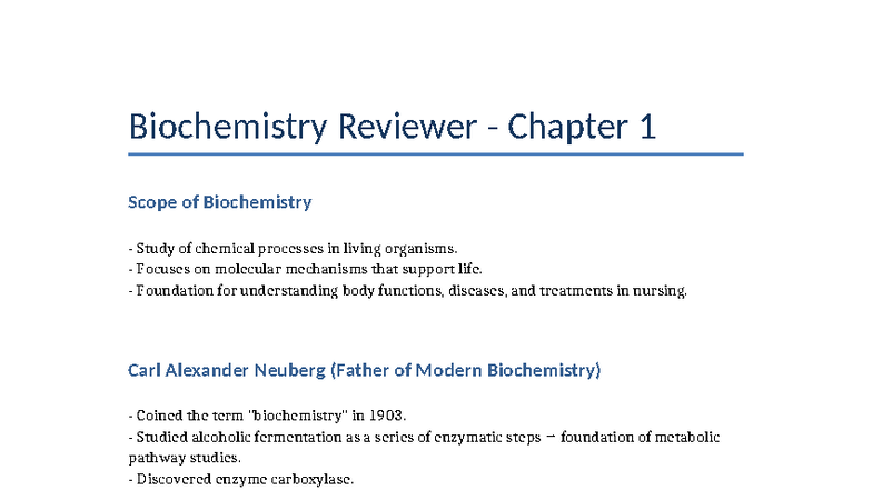 Biochemistry 101: Chapter 1 - Scope of Biochemistry Overview - Studocu