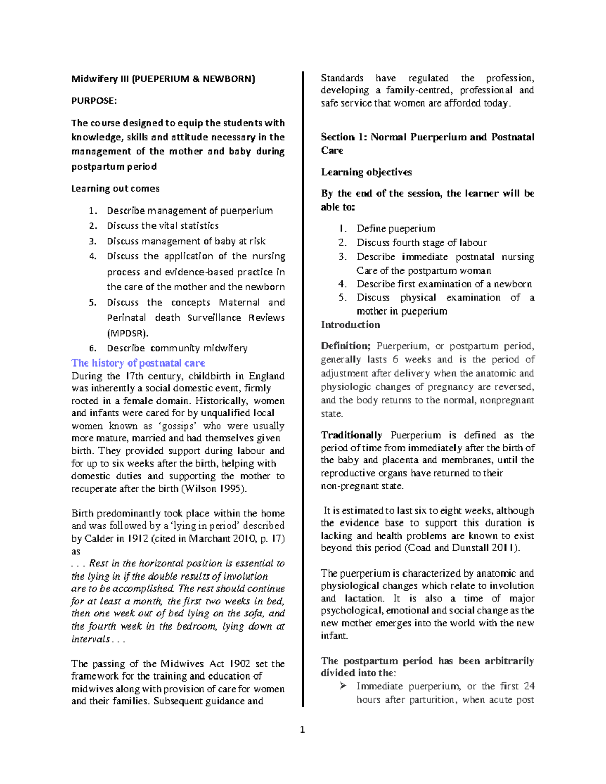 Midwifery III: Comprehensive Overview of Puerperium Management - Studocu
