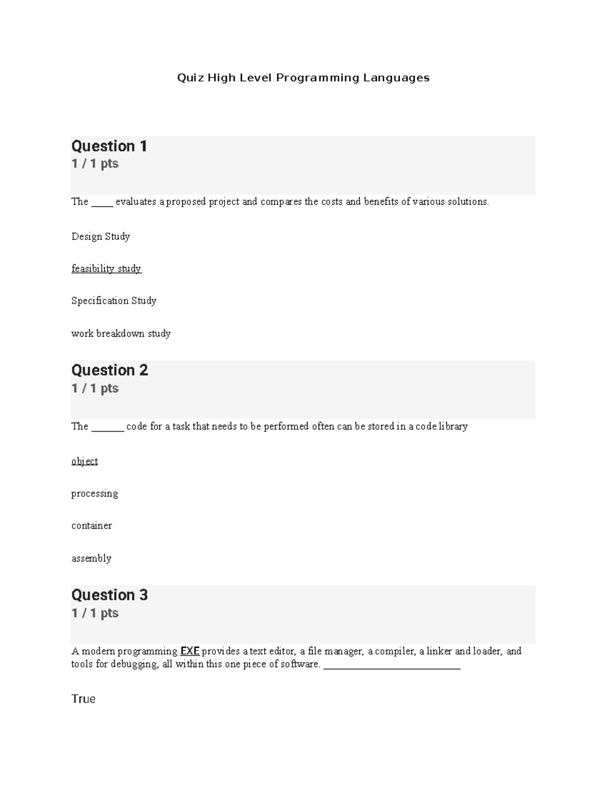 Quiz on High-Level Programming Languages (CS101) - Studocu