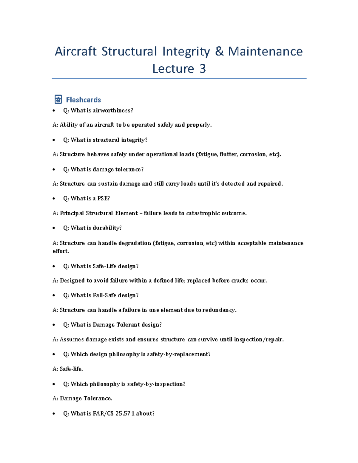 Aircraft Structural Integrity Maintenance Lecture 3 Summary Flashcards ...