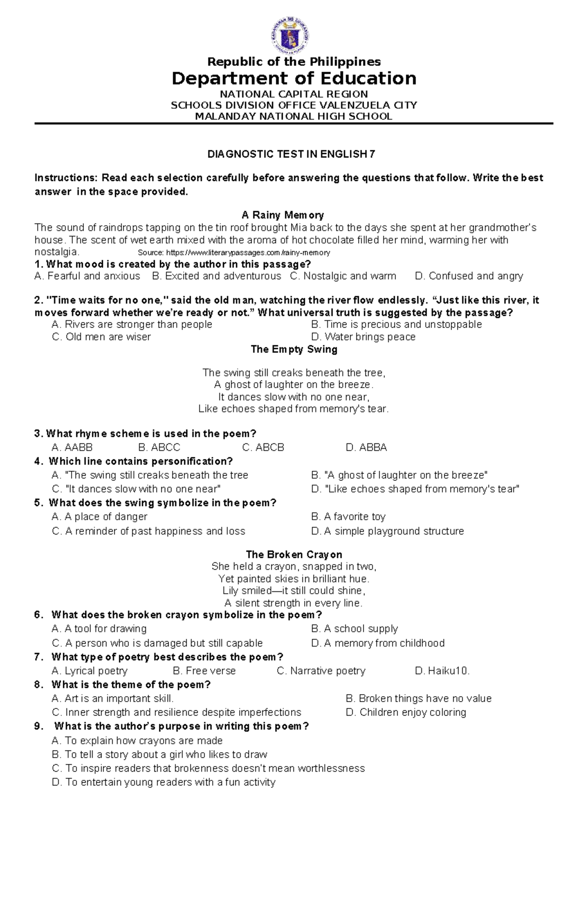 Grade 7 English Diagnostic Test 2025-2026: Comprehensive Assessment ...