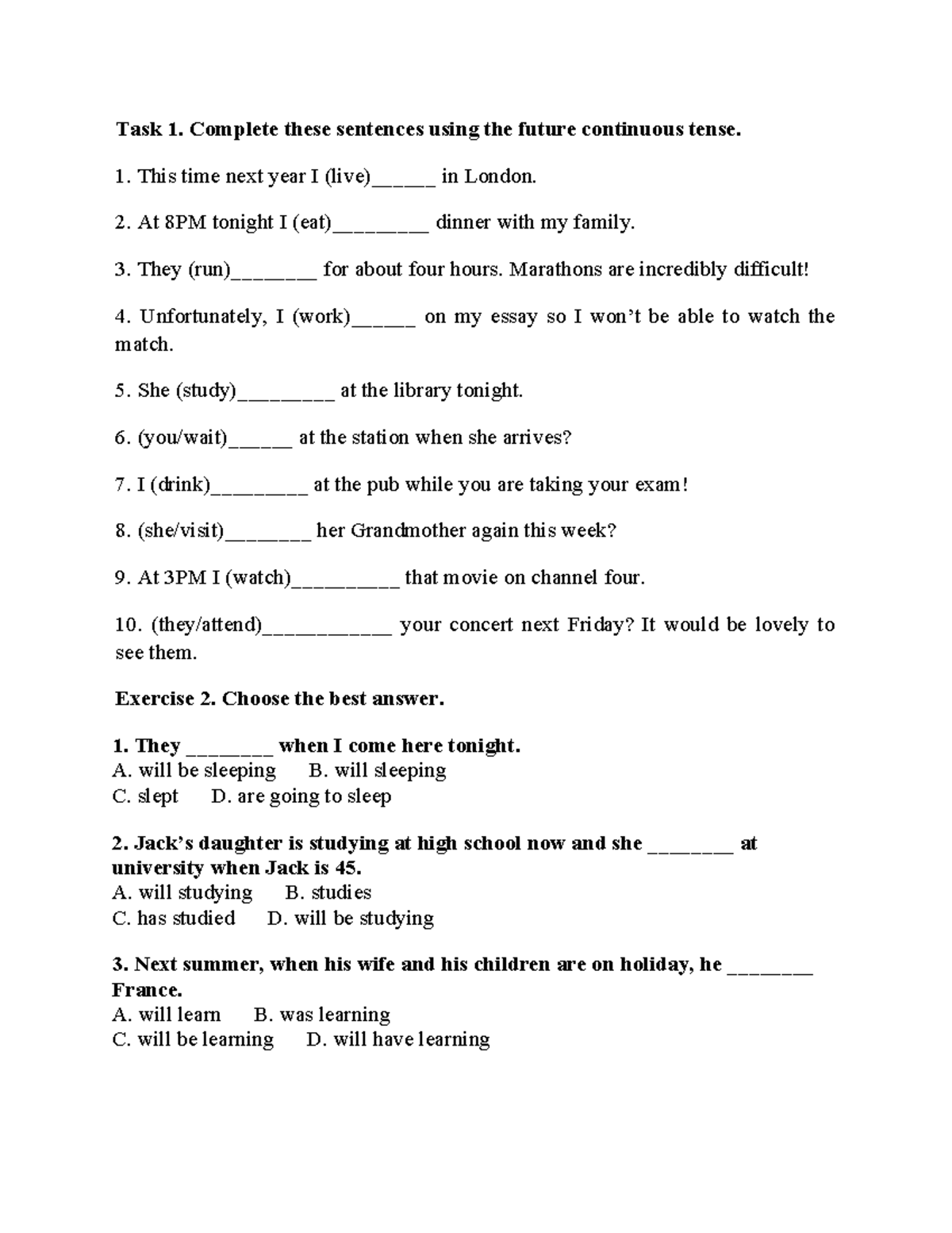 BTVN: Future Continuous Tense Exercises and Answers - Studocu