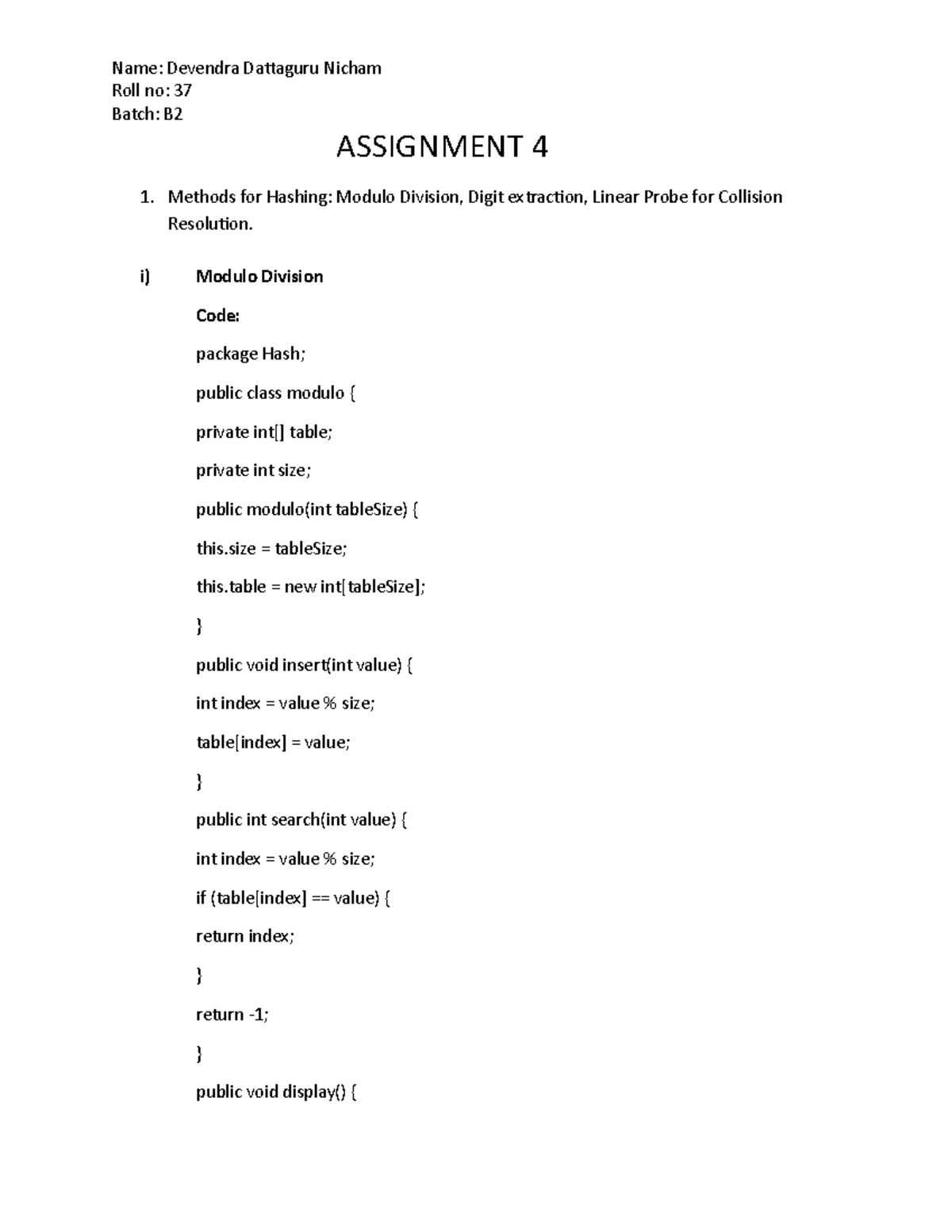 DSA-37: Assignment 4 - Hashing Methods & Collision Resolution ...