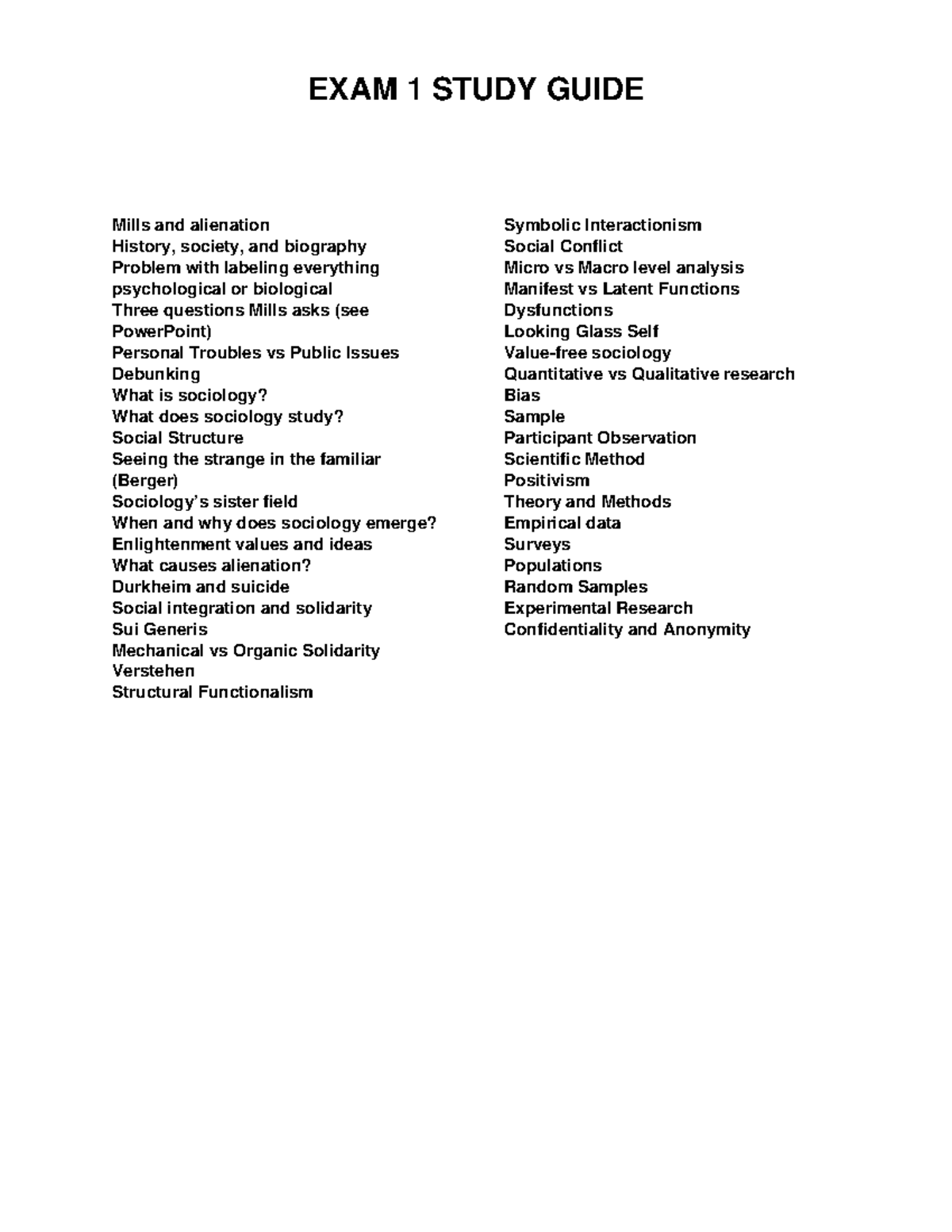 Sociology 101: Exam 1 Study Guide on Key Concepts & Theories - Studocu